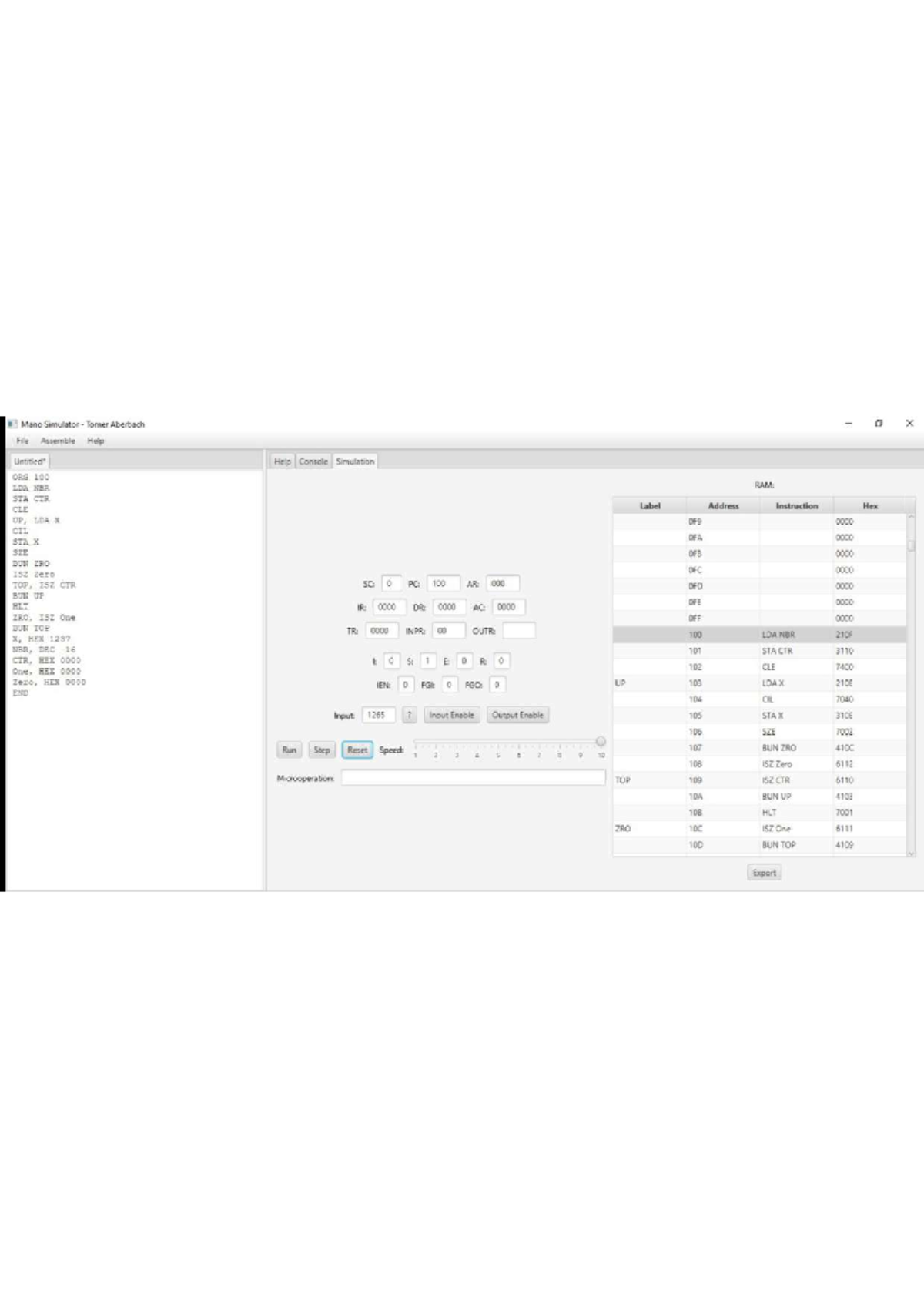 Practical 4 image - Mano Simulator Tomer Aberbach File Assemble Help Help Console Simulation ORG ...