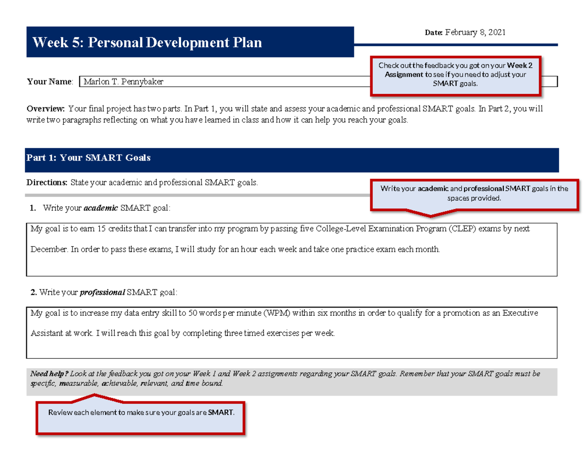 Week 5 Model Assignment - Week 5: Personal Development Plan Date ...