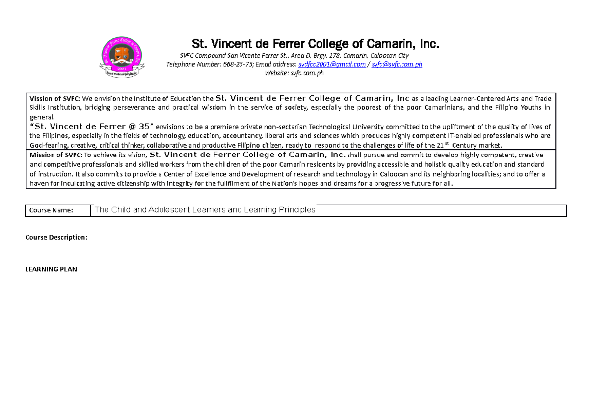 Syllabus in Child and Adolescent - St. Vincent de Ferrer College of ...