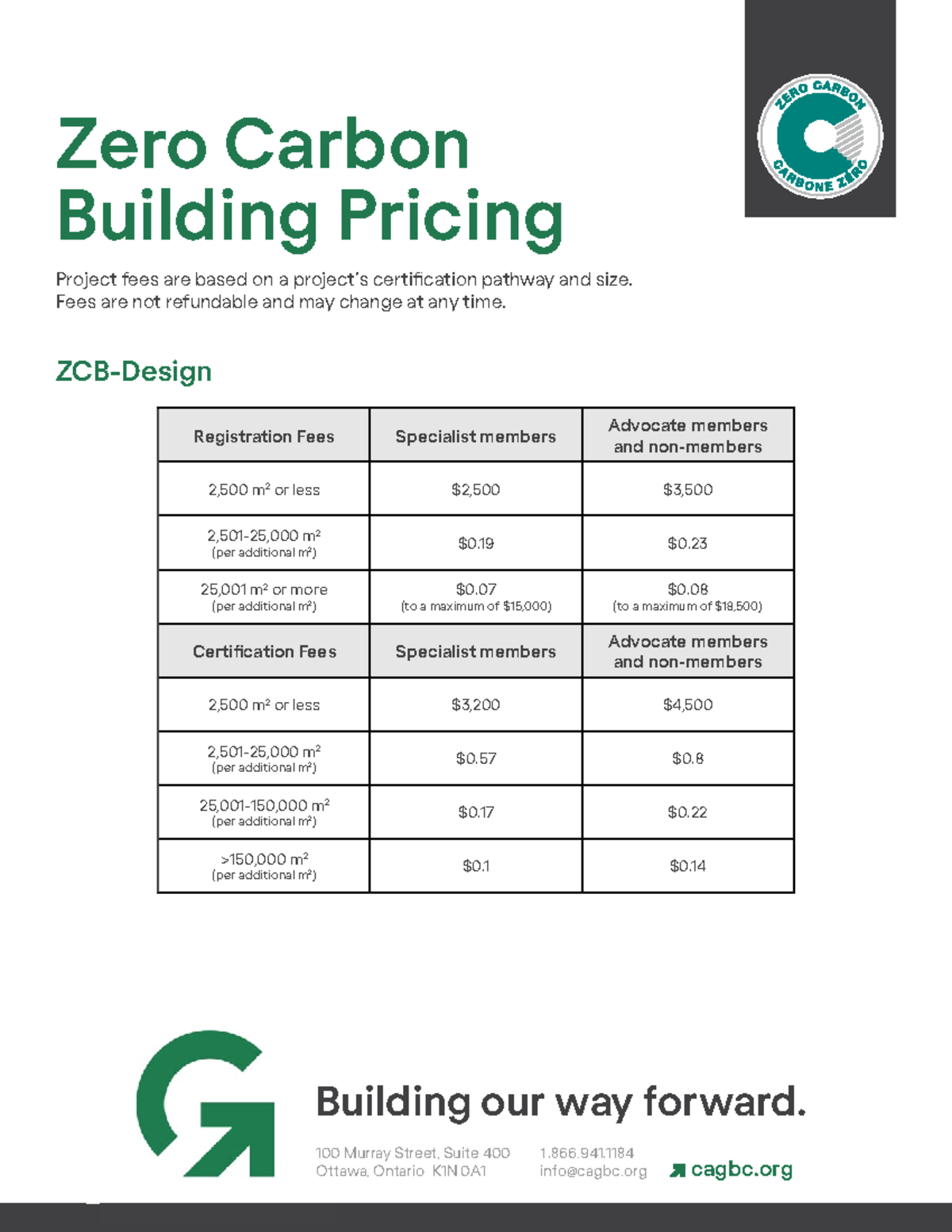 Cagbc ZCB pricingtable 2022 EN - Building our way forward. 100 Murray ...