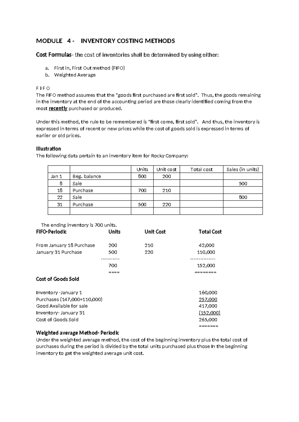 Module 4 Accounting 4intermediate Acctg Module 4 Inventory Costing Methods Cost Formulas