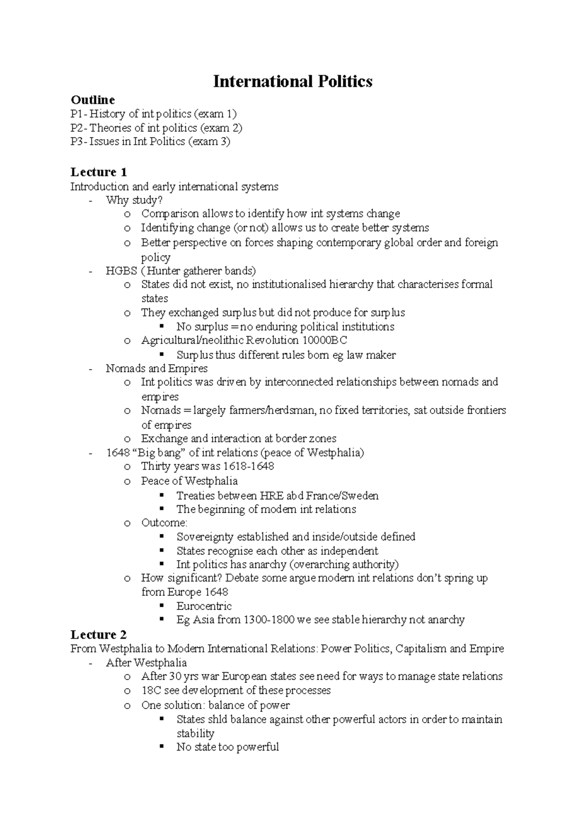 International Politics - International Politics Outline P1- History of ...