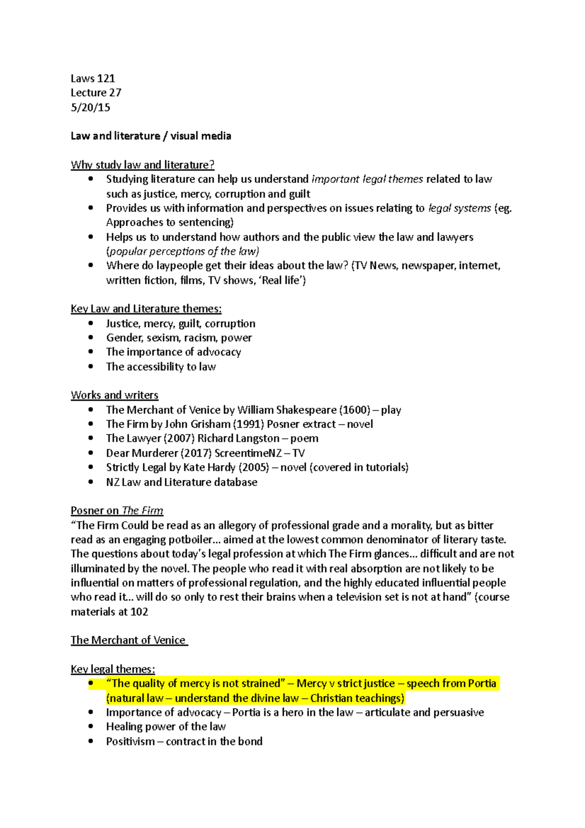 Lecture 27 - Law and Literature - Laws 121 Lecture 27 5/20/ Law and ...