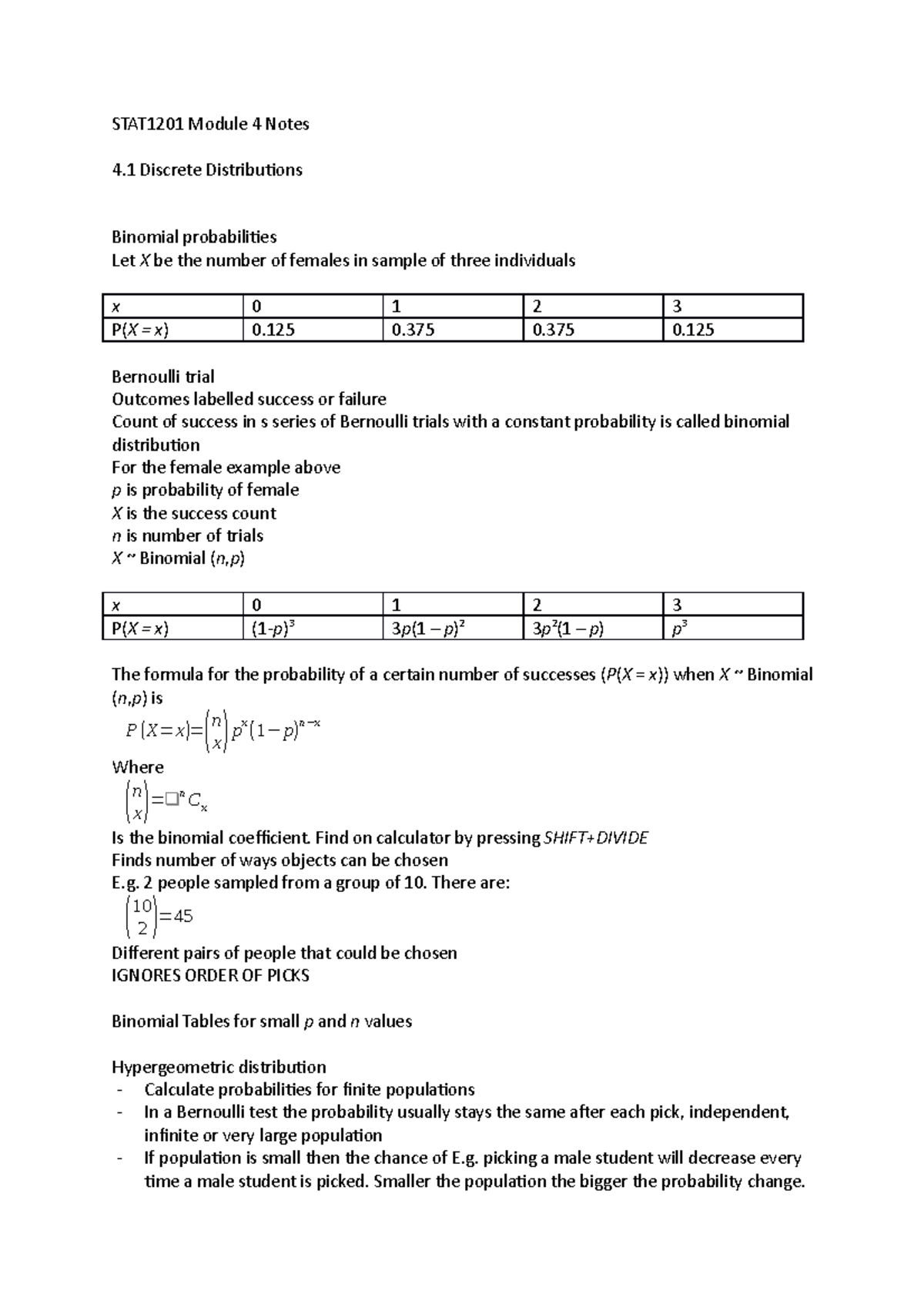 STAT1201 Module 4 Notes - STAT1201 Module 4 Notes 4 Discrete ...