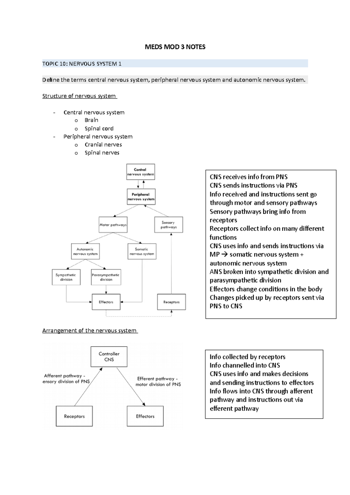 MEDS MOD 3 Notes - MEDS MOD 3 NOTES TOPIC 10: NERVOUS SYSTEM 1 Define ...