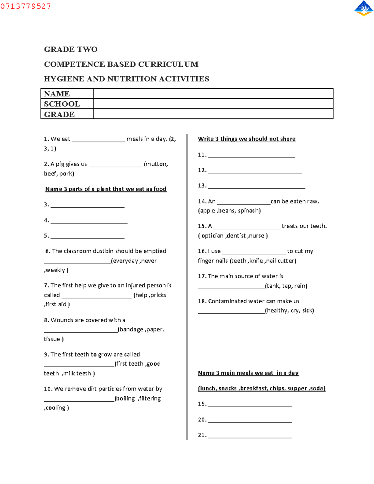 Grade 2 hygiene and nutrition activities - GRADE TWO COMPETENCE BASED ...
