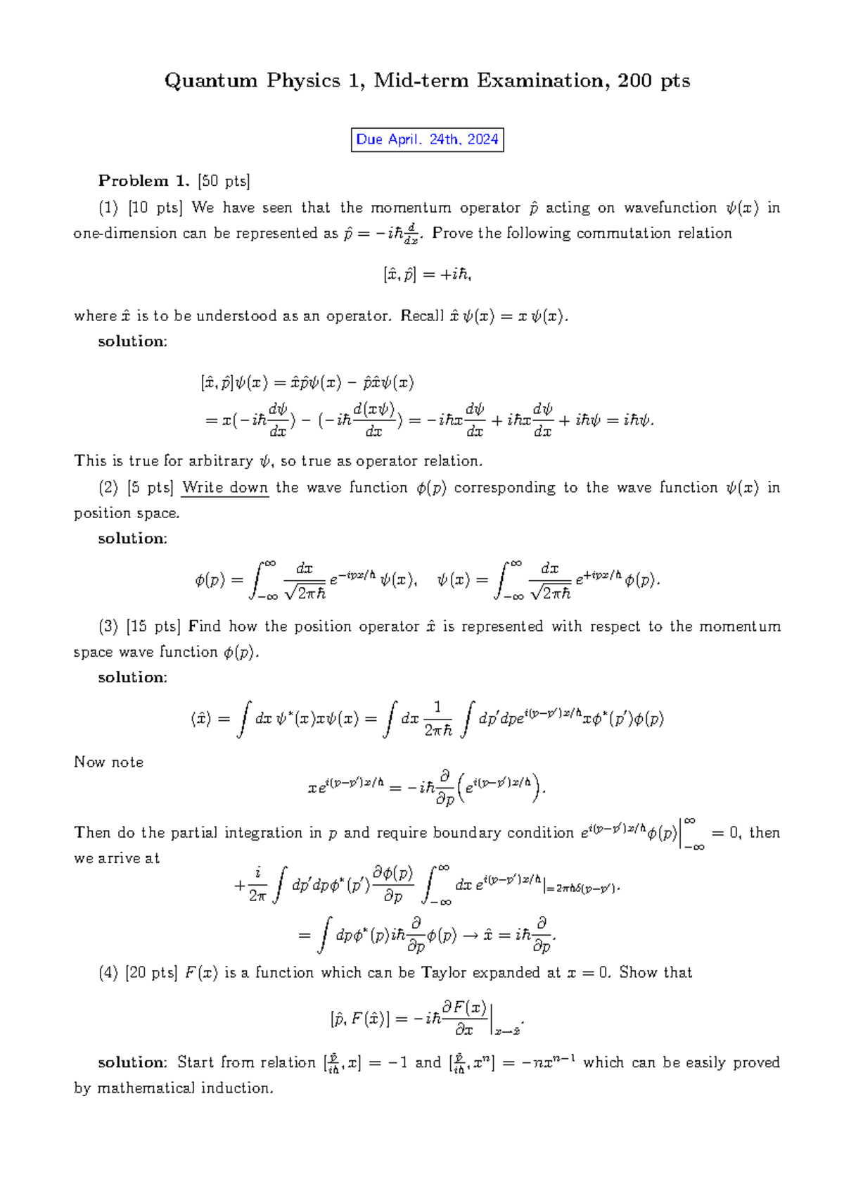 Exam1 solution - Exam - Quantum Physics 1, Mid-term Examination, 200 ...