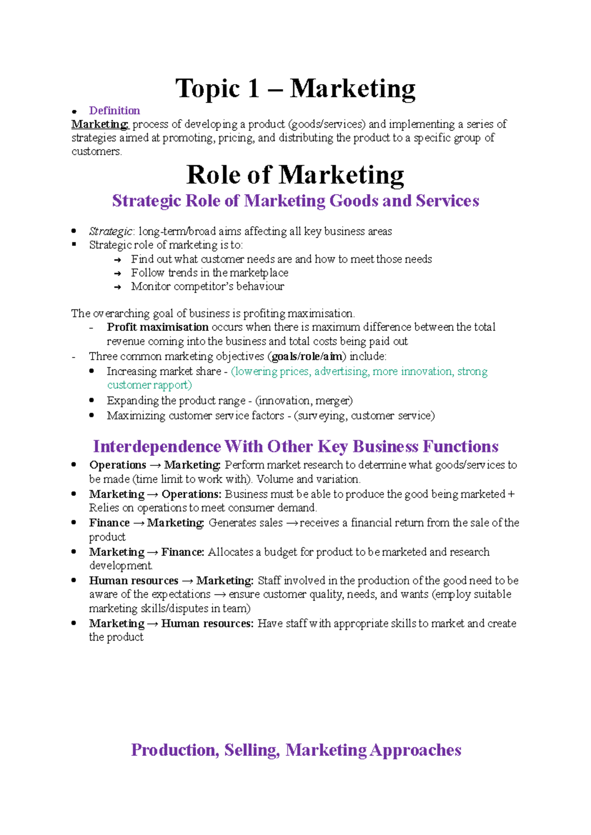 Topic 1 Marketing - syllabus dot point notes - Topic 1 – Marketing ...