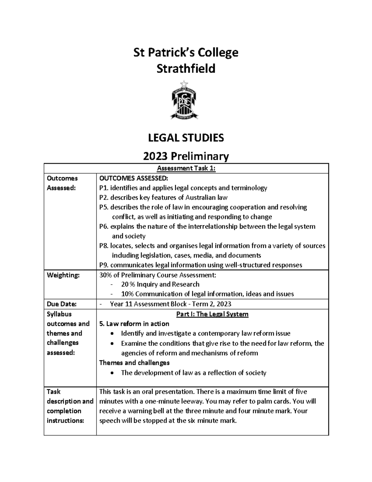 Preliminary Legal Studies 2023 Assessment Task 1 - Law Reform - St ...