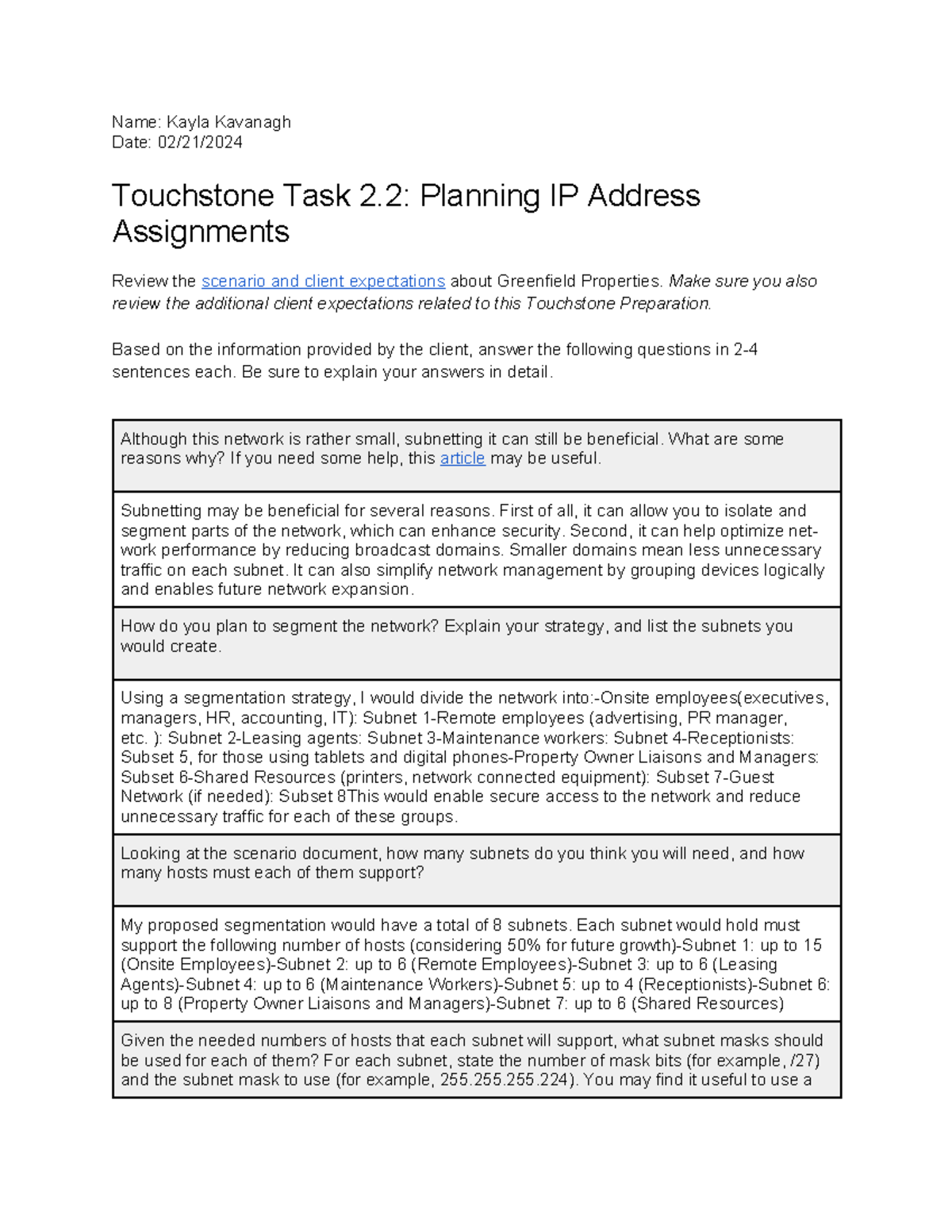 Touchstone Task 2.2 Planning IP Address Assignments Questions - Name ...