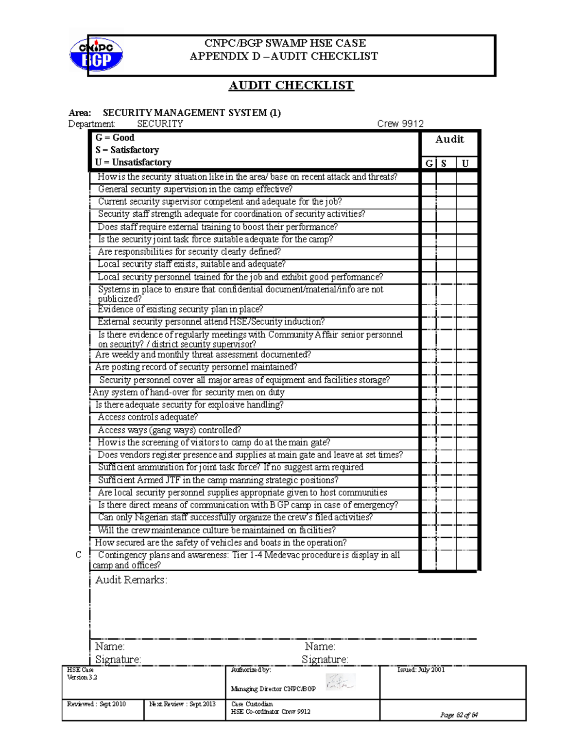409291813 Security Inspection Checklist - CNPC/BGP SWAMP HSE CASE ...