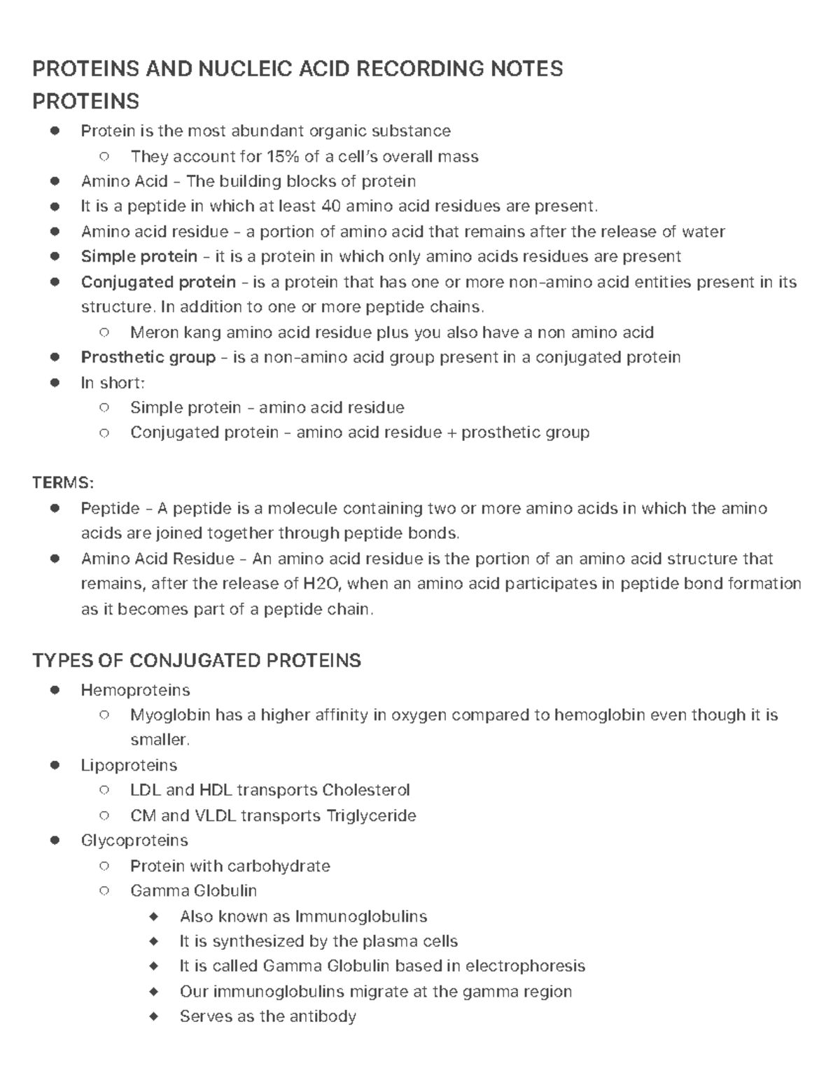 Proteins AND Nucleic ACID Recording Notes - - Studocu