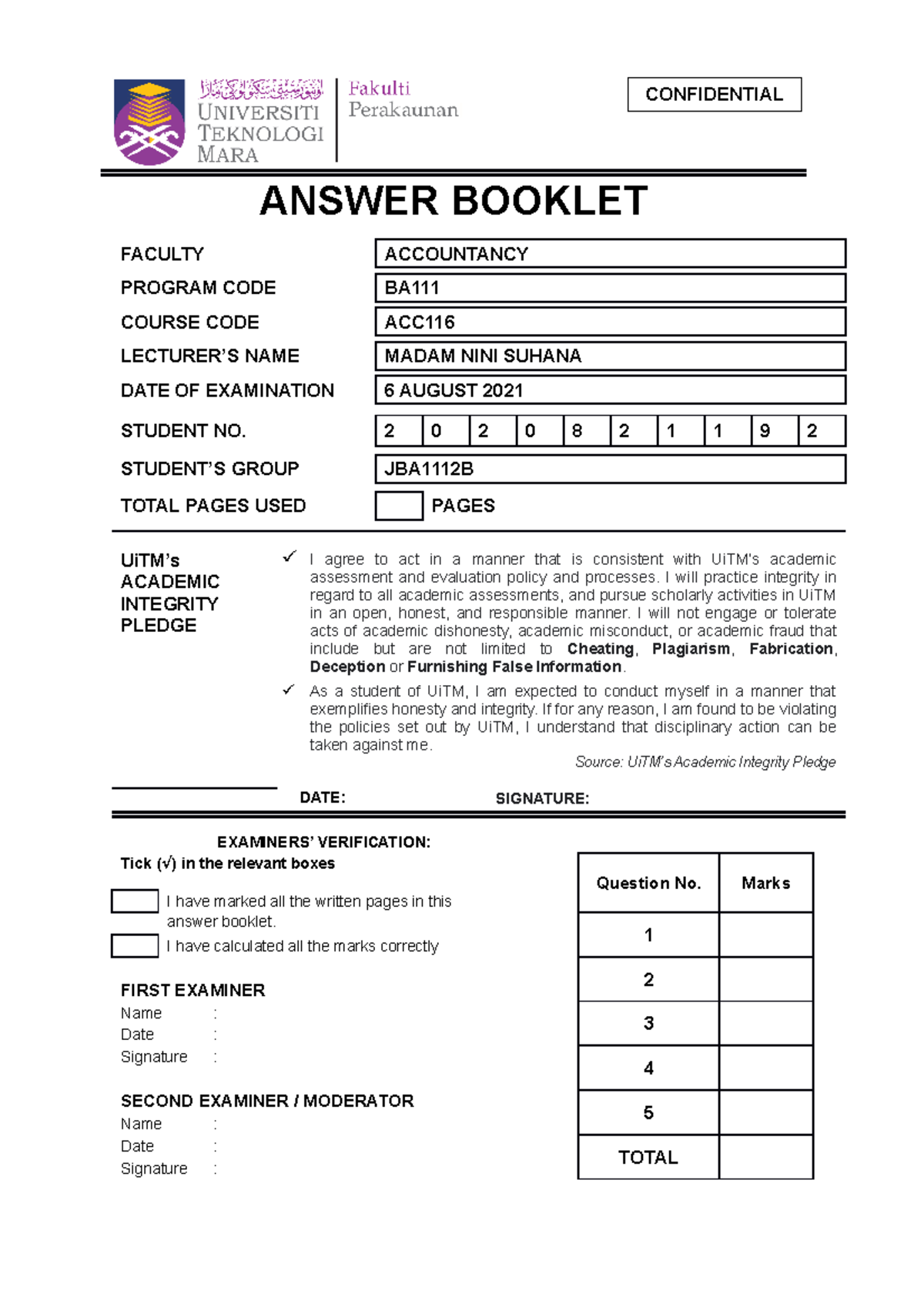 FA ACC116 AUG2021 - Front Cover - ANSWER BOOKLET FACULTY ACCOUNTANCY ...