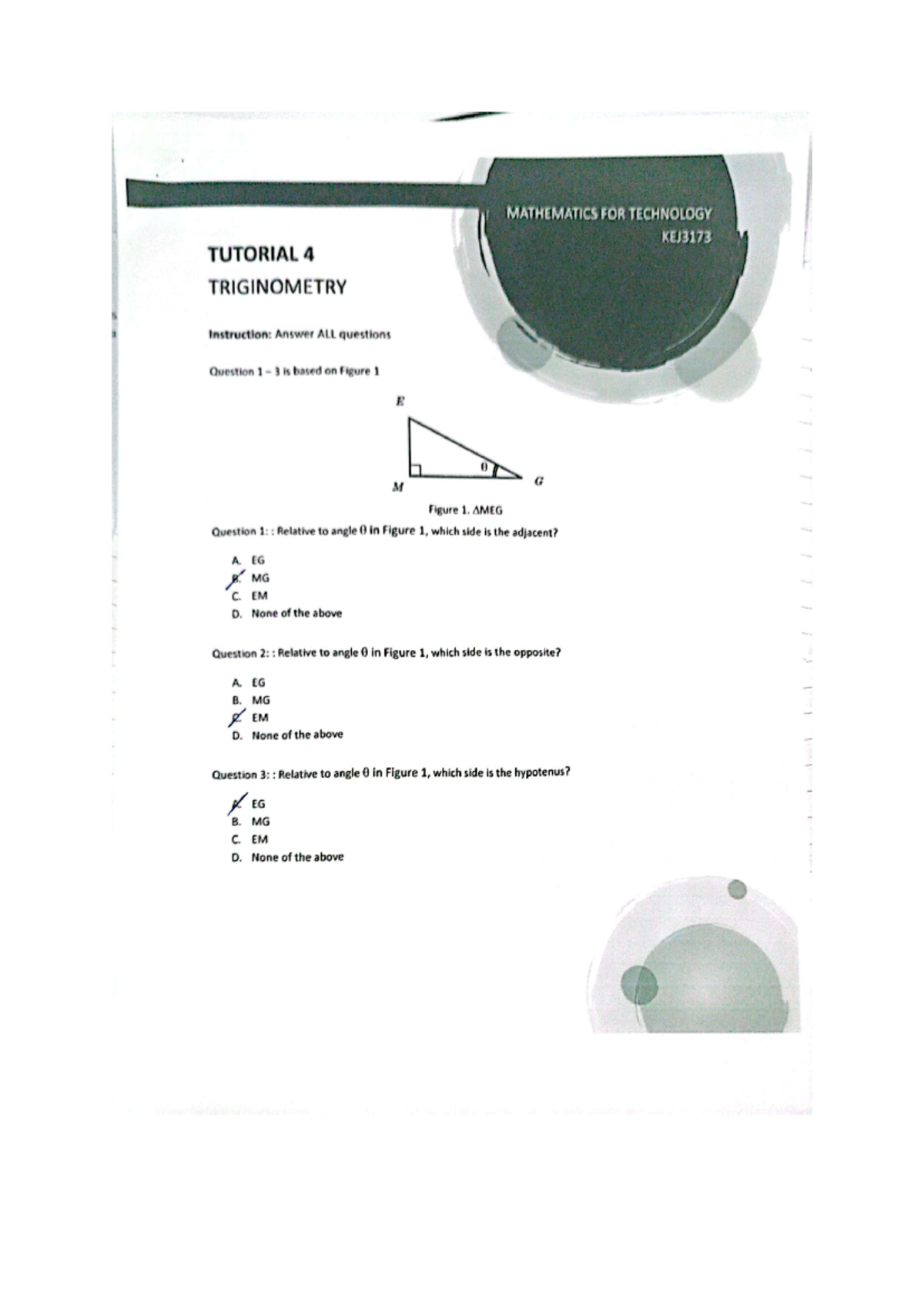 Doc1 - just some homework - MATHEMATICS FOR TECHNOLOGY KEJ3173 TUTORIAL 4 TRIGINOMETRY ...