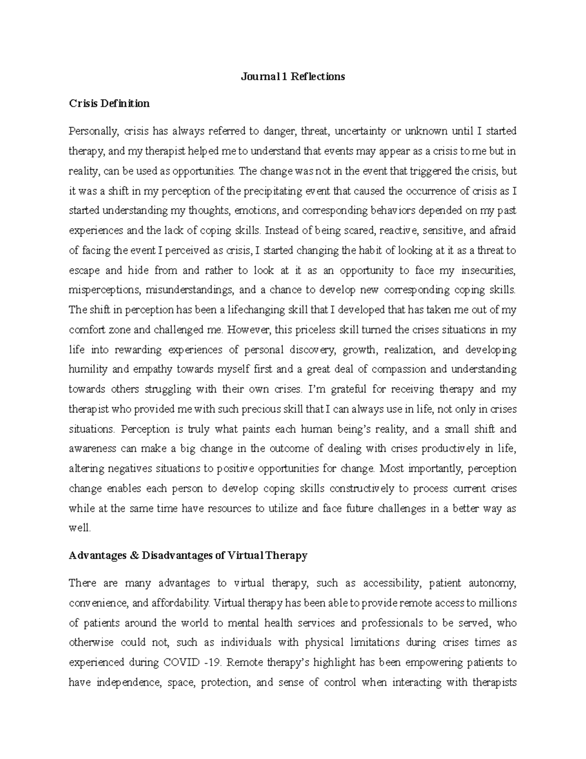 Journal 1 - Description of Crisis - Journal 1 Reflections Crisis ...