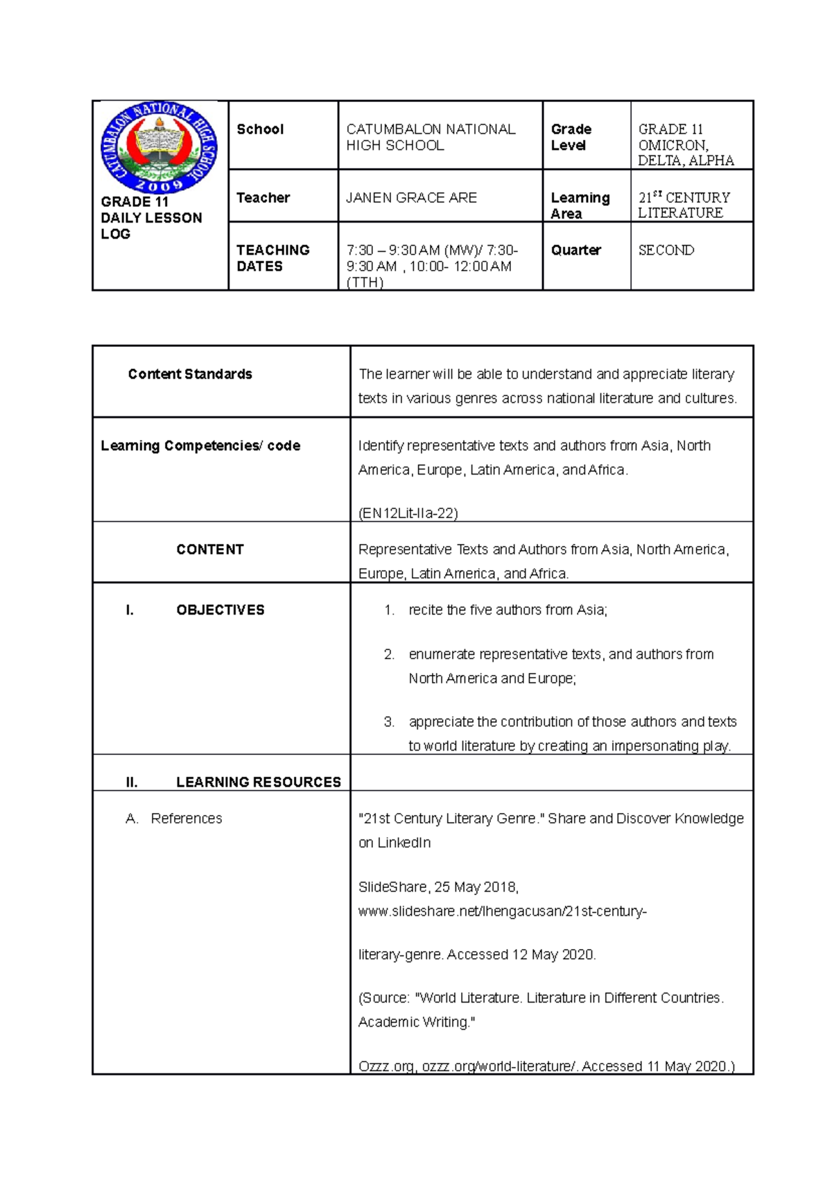 Grade 11 Lesson 2 - GRADE 11 DAILY LESSON LOG School CATUMBALON ...