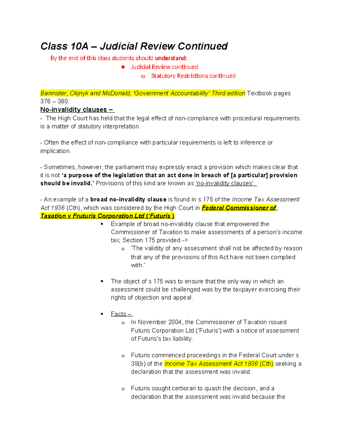 JURD7160 - Class 10A Reading Notes - Class 10A – Judicial Review ...