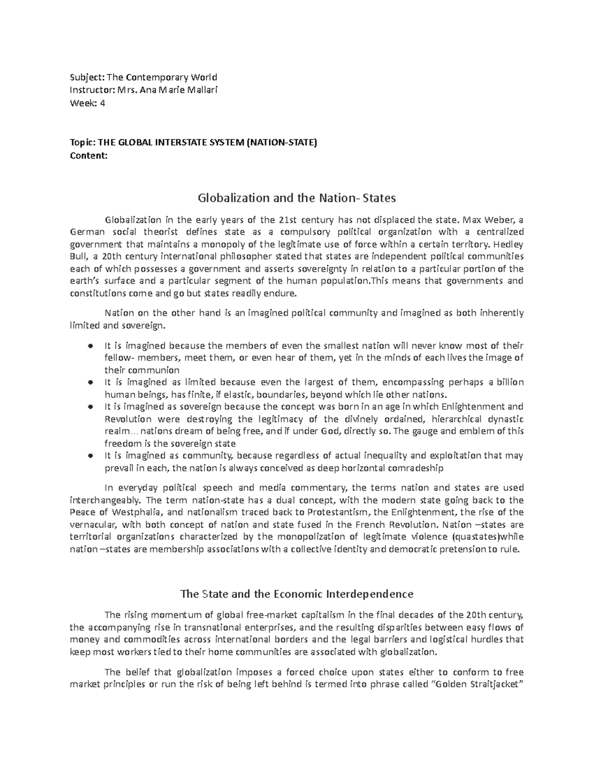 Contemporary World.The Global Interstate System - Subject: The ...