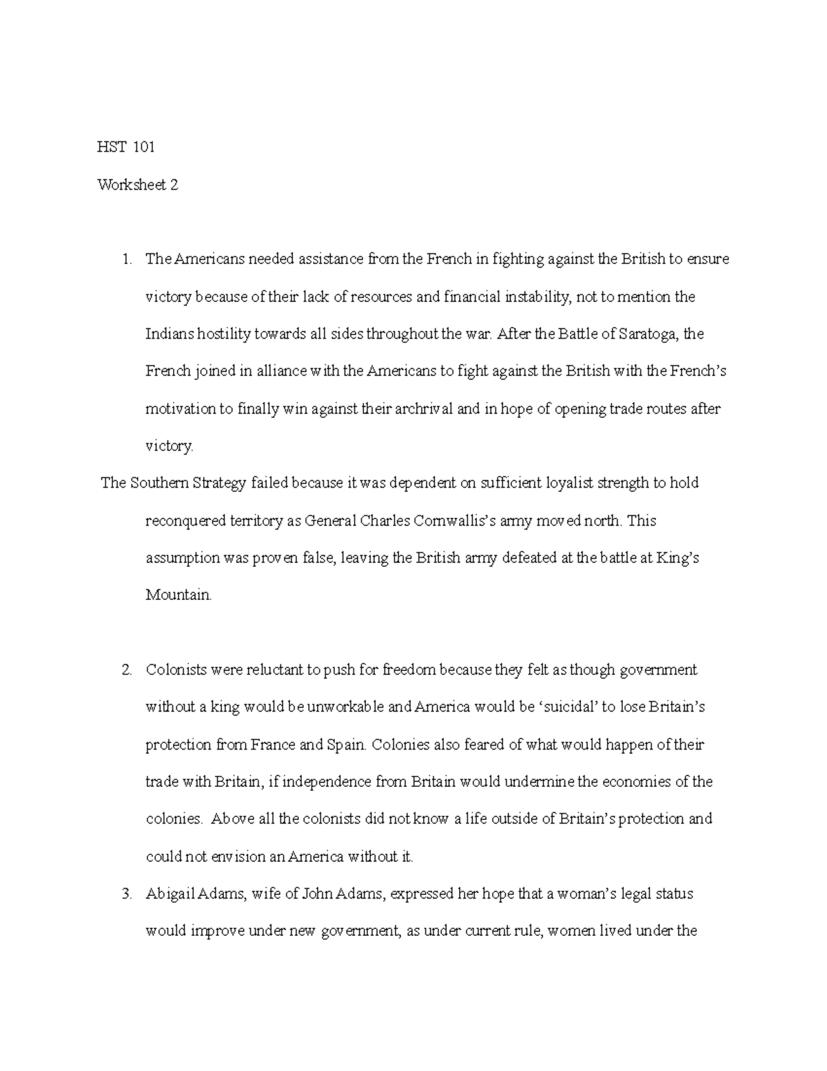 HST 101 Worksheet 2 - HST 101 Worksheet 2 The Americans needed ...