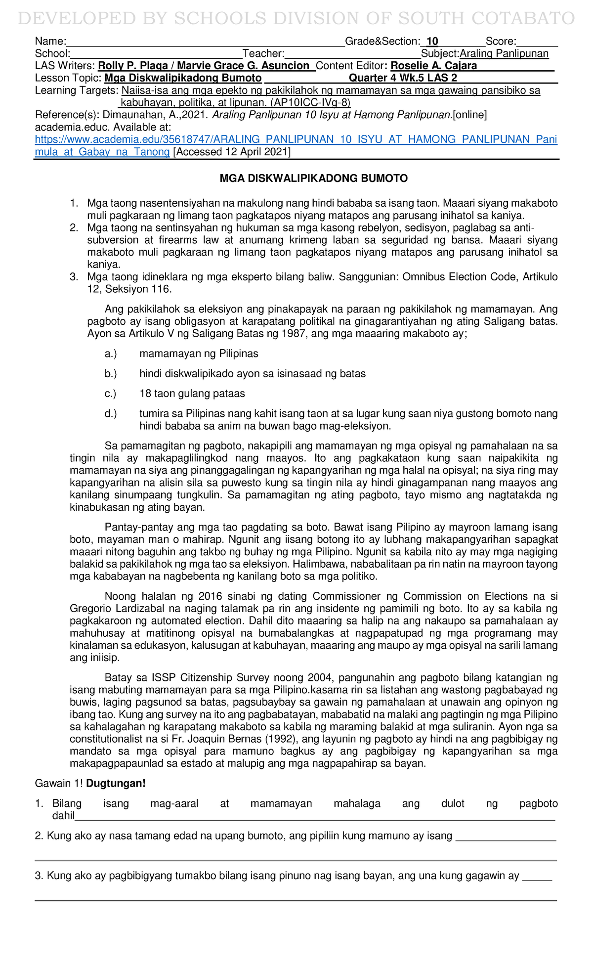 AP 10 Quarter 4 WEEK 5 LAS 2 1 - - Studocu