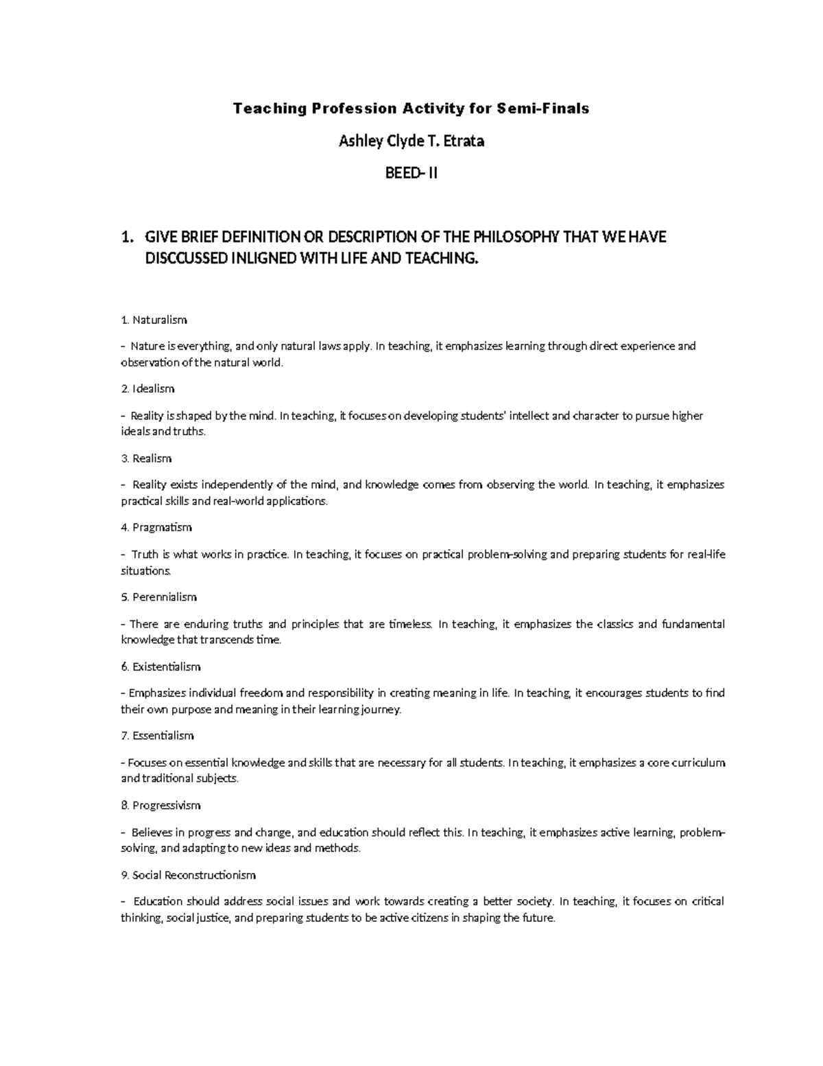 Teaching Profession Activity for Semi-finals - Etrata BEED- II 1. GIVE ...