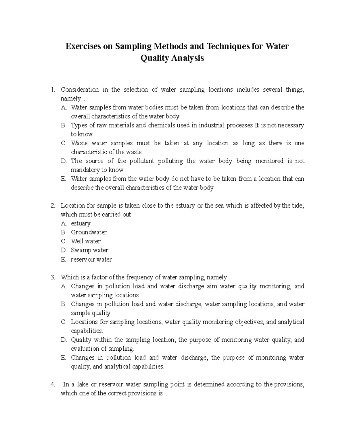Exercises on Sampling Methods and Techniques for Water Quality Analysis ...
