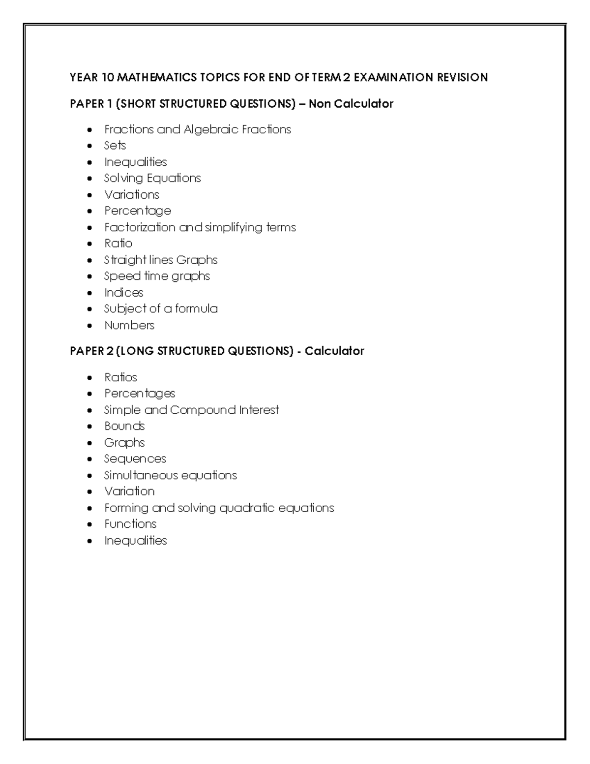 YEAR 10 Mathematics Topics END TERM 2 - YEAR 10 MATHEMATICS TOPICS FOR ...