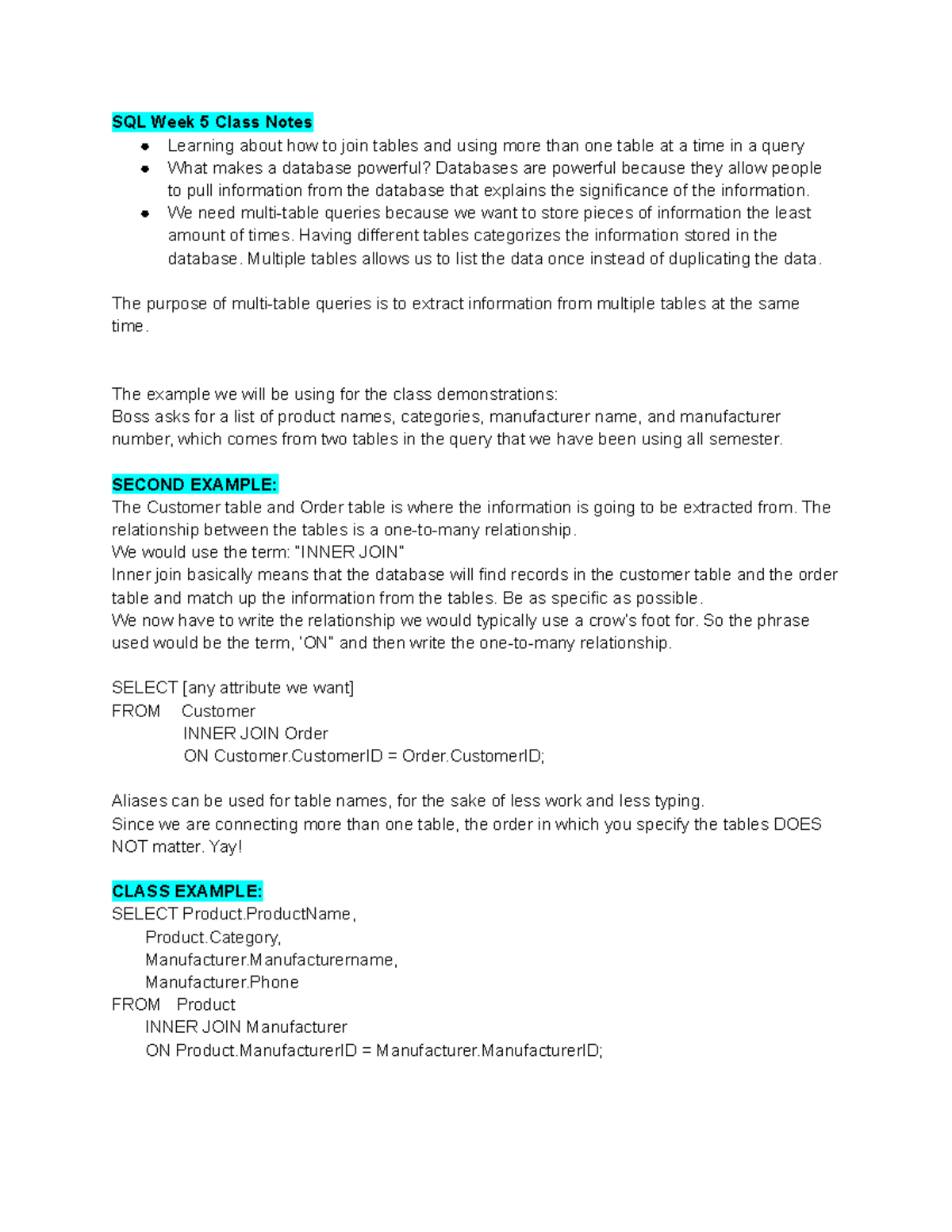 SQL Week 5 Class Notes - SQL Week 5 Class Notes Learning about how to ...