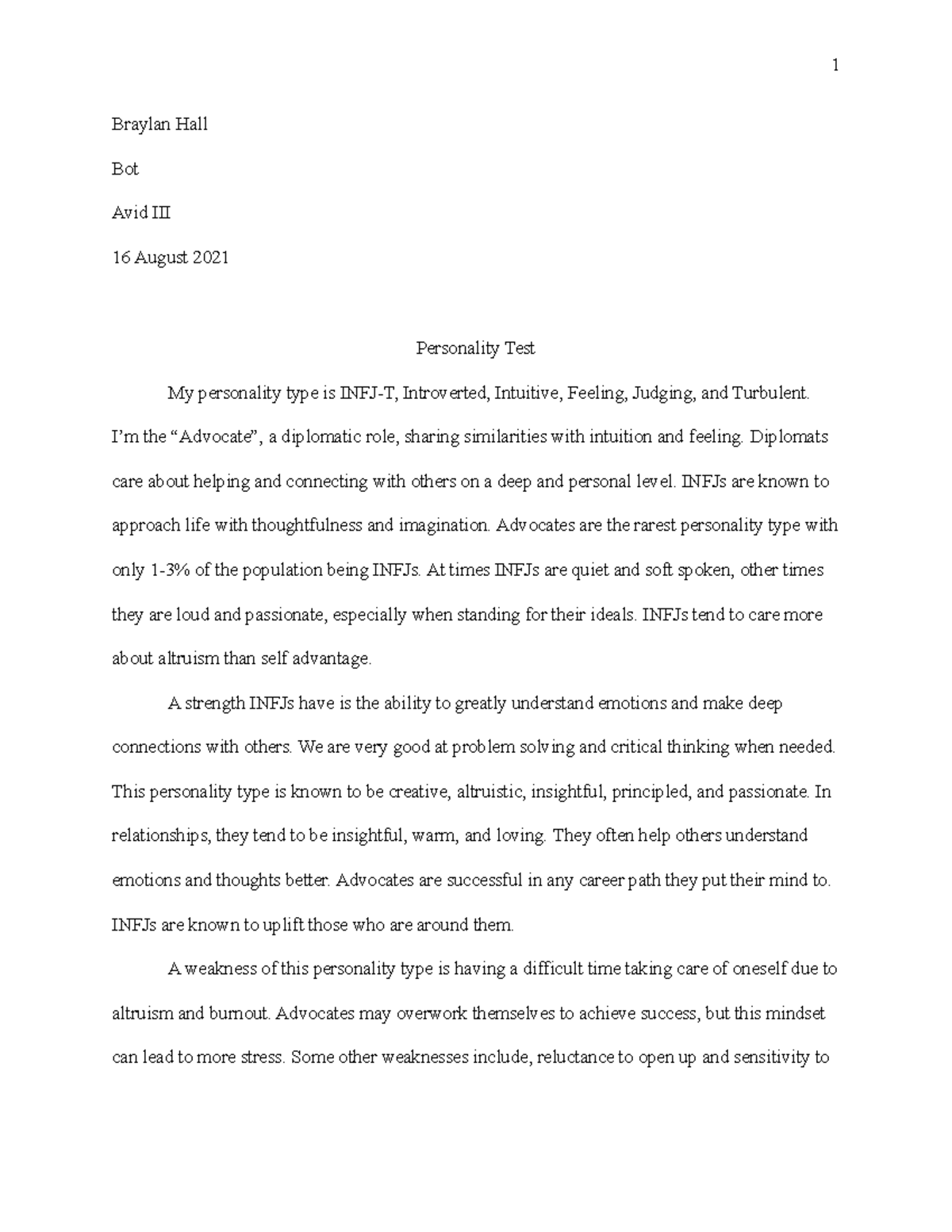 Personality Test - bottrell - 1 Braylan Hall Bot Avid III 16 August ...