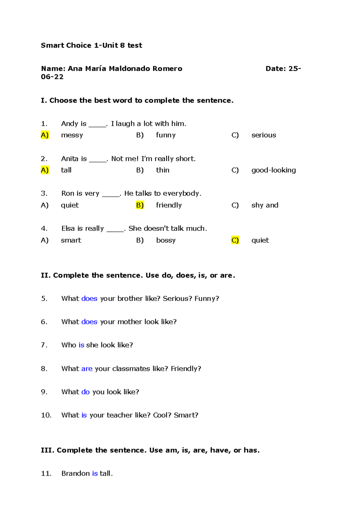 Smart Choice 1 Unit 8 test ANA - Smart Choice 1-Unit 8 test Name: Ana ...