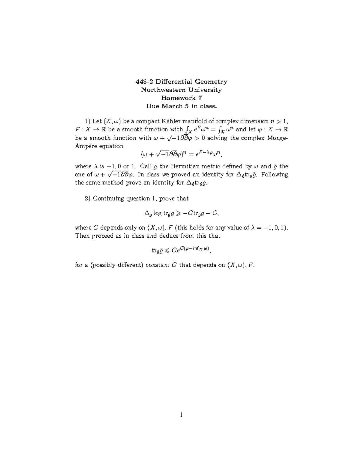 445-2 Differential Geometry Homework 7 - Differential Geometry ...