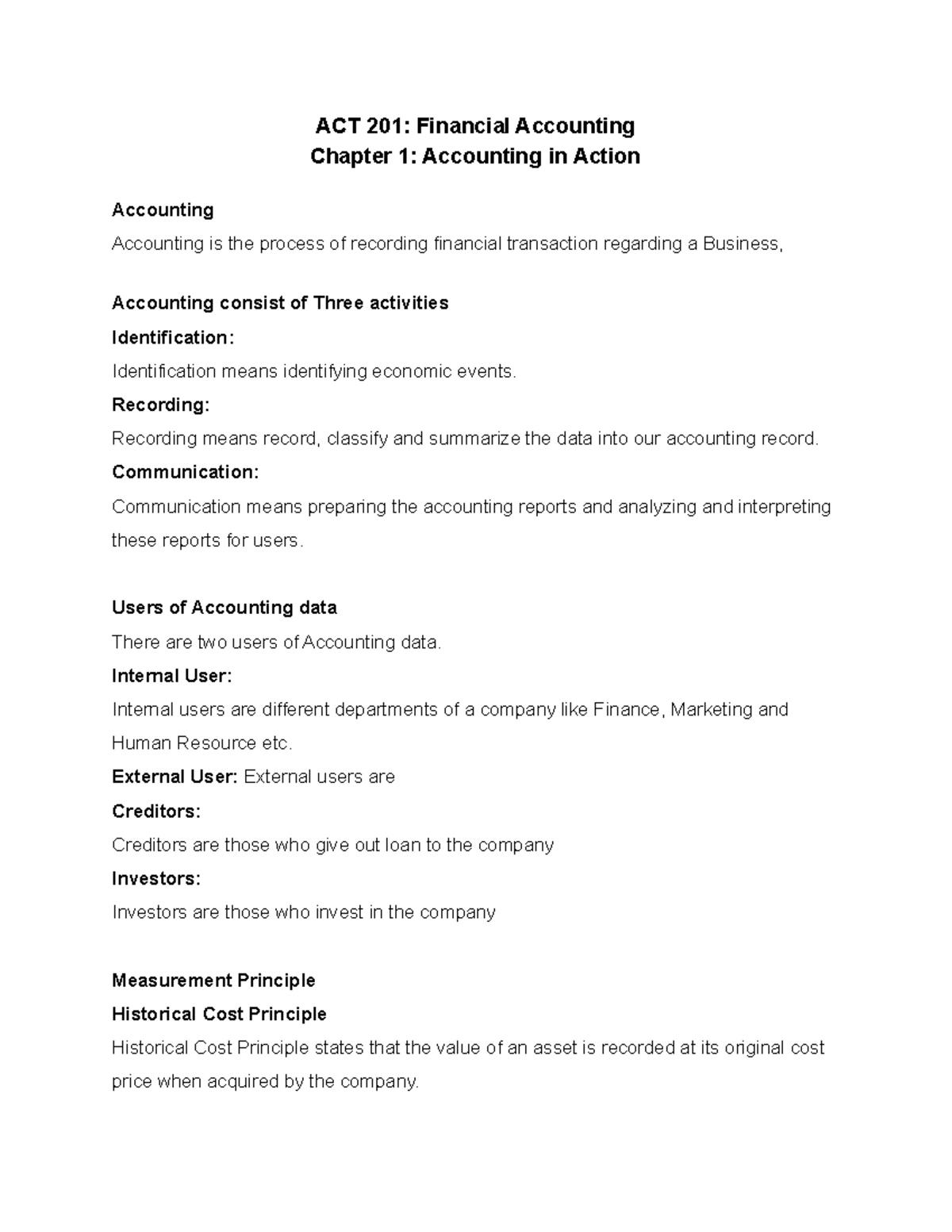 Chapter 1 Notes - ssssssssssssssss - ACT 201: Financial Accounting ...