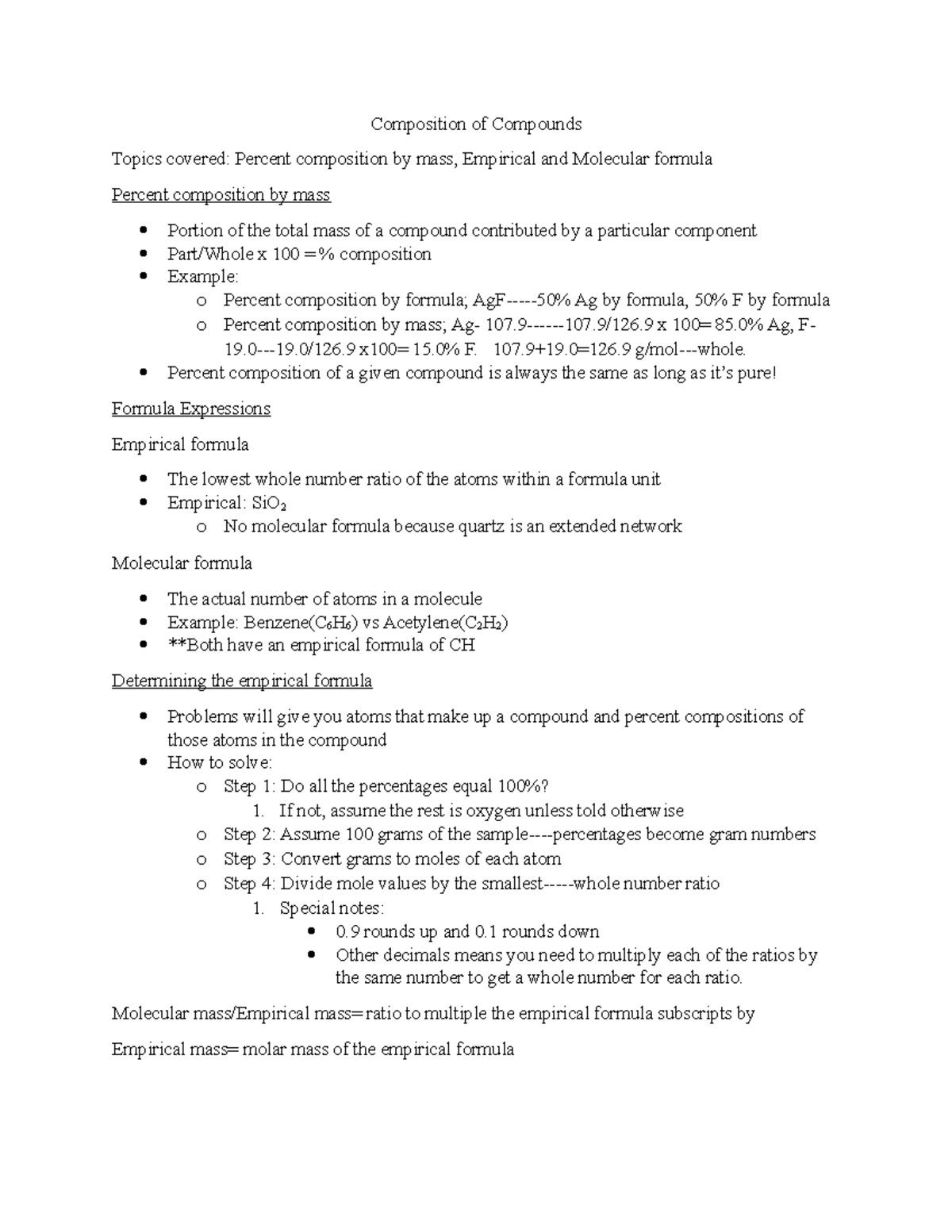 Composition of Compounds Notes for CHM1025 (Intro to Chemistry ...