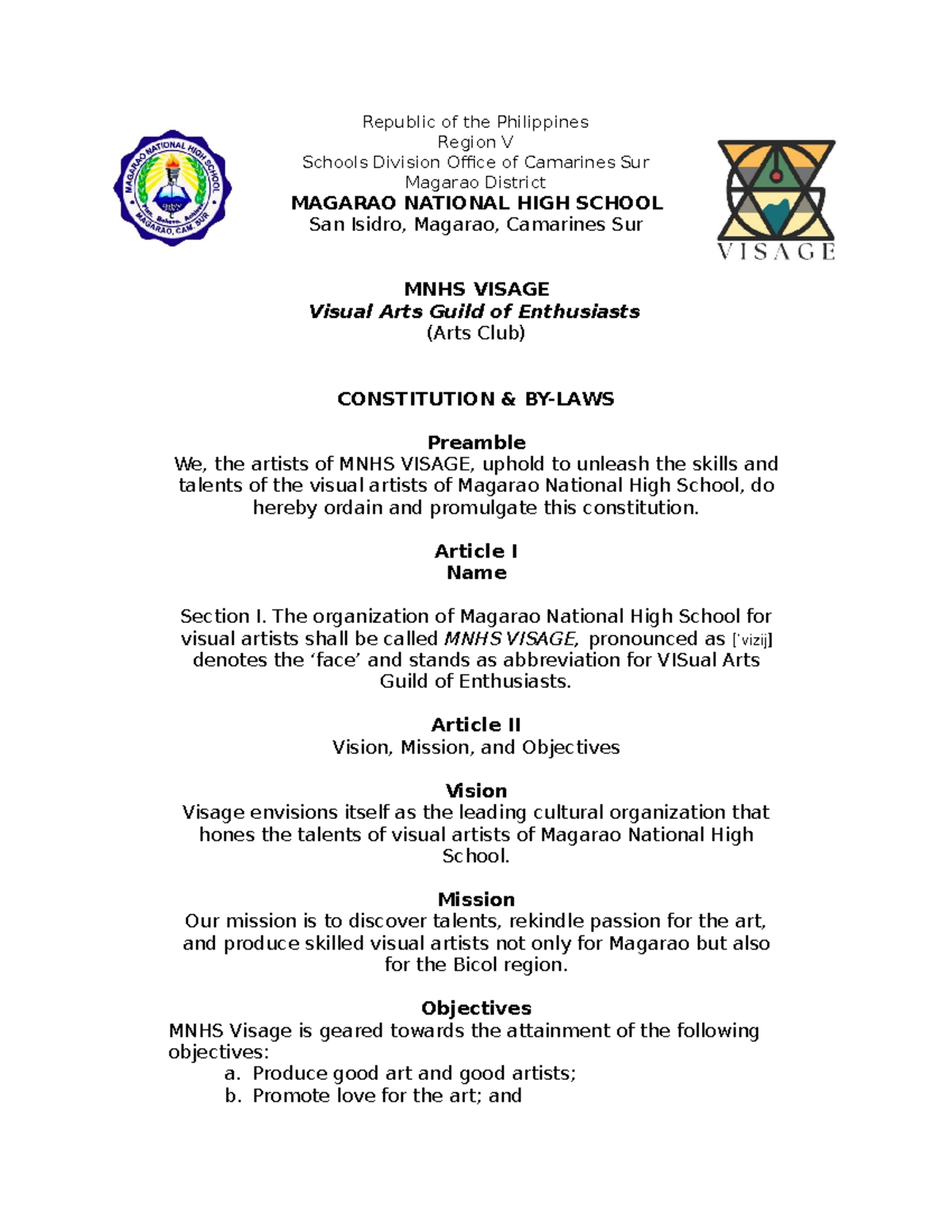 MNHS Visage By Laws - A sample constitution ang by laws of a student ...