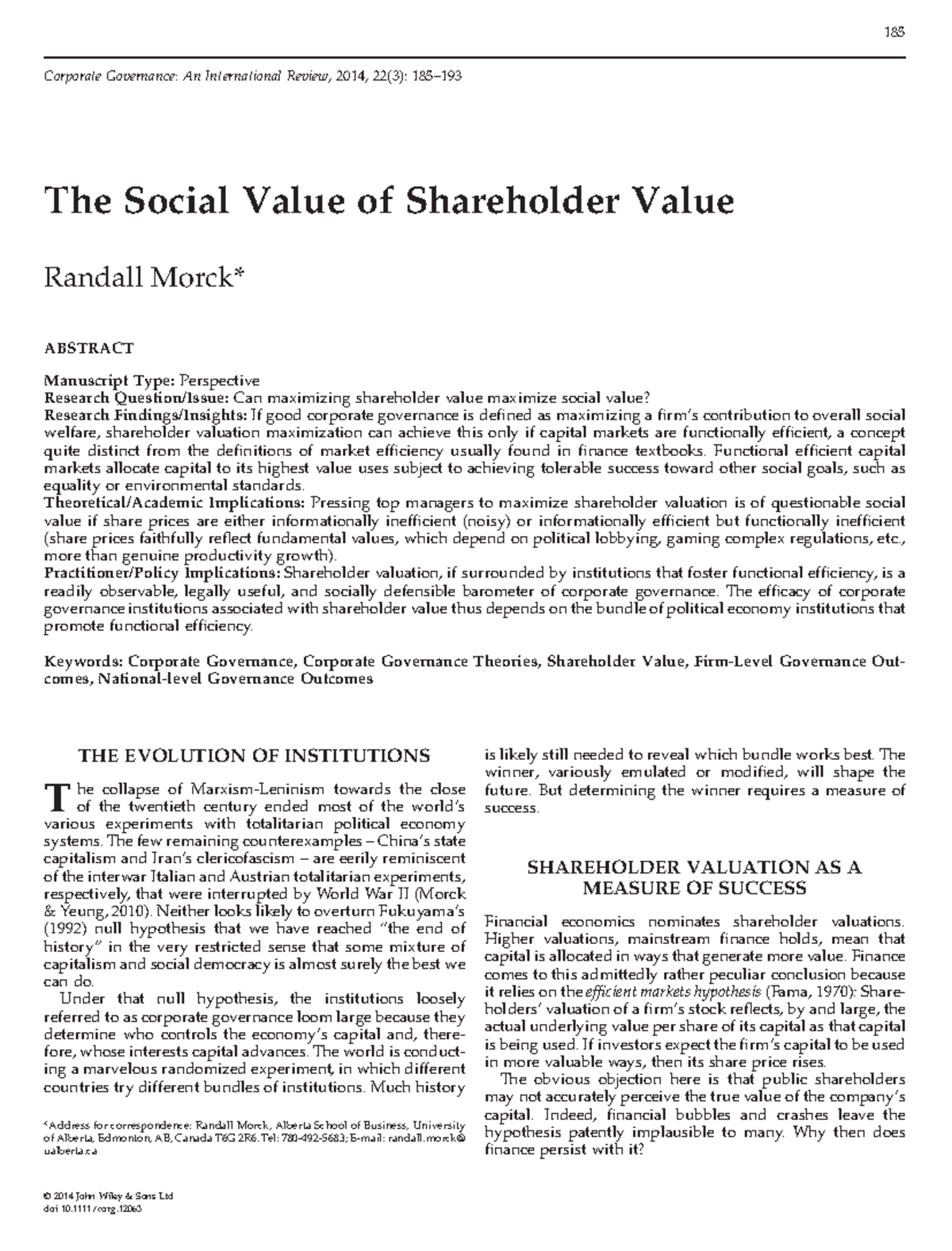 Morck+2014 +social+value - The Social Value of Shareholder Value ...