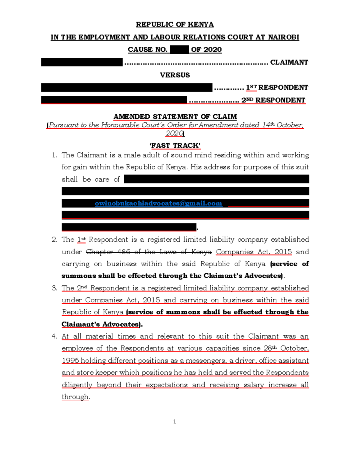 Amended Statement of Claim - Afred Sewe - REPUBLIC OF KENYA IN THE ...