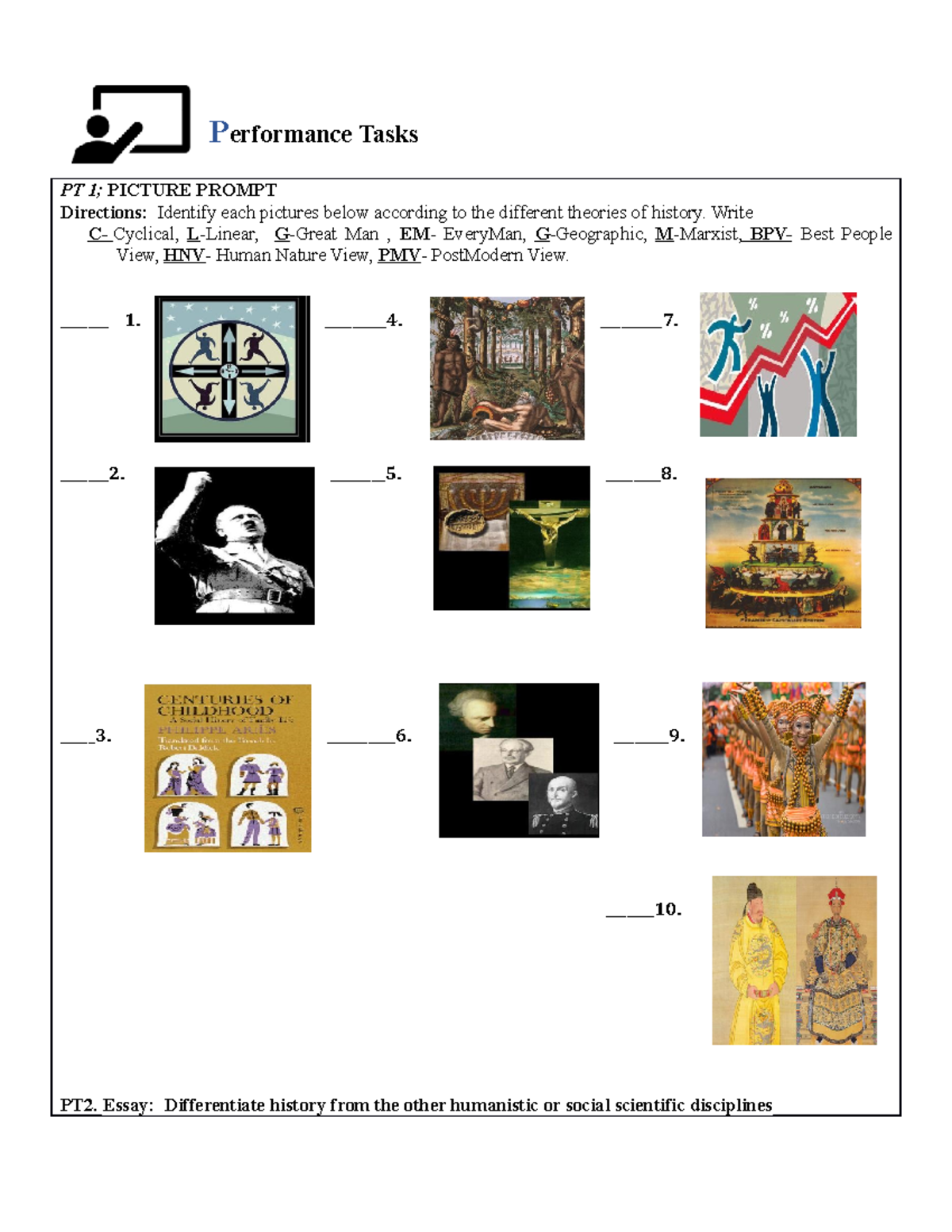Performance Tasks 1 - None - Performance Tasks PT 1; PICTURE PROMPT Directions: Identify each ...