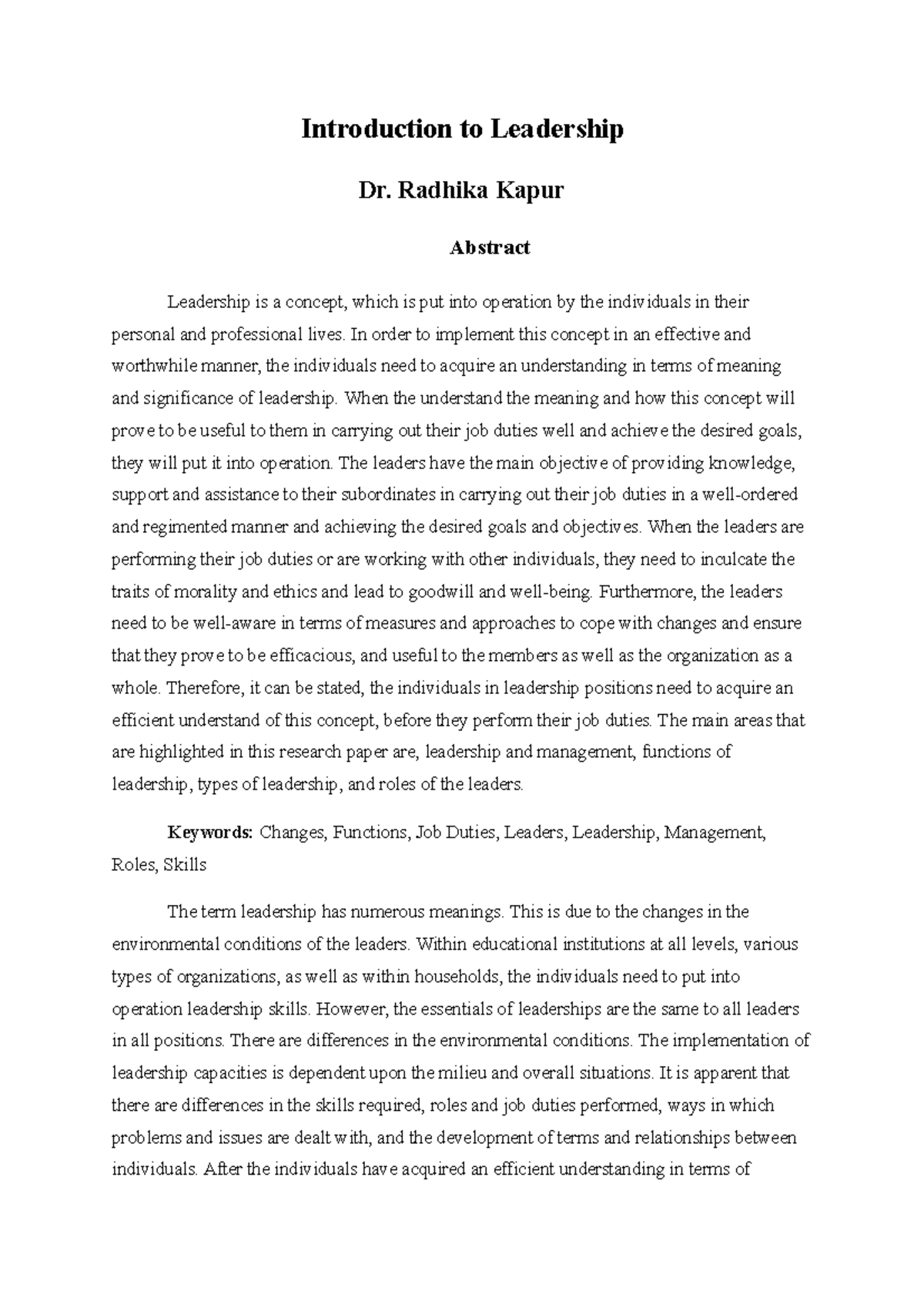 Introductionto Leadership I - Introduction to Leadership Dr. Radhika ...