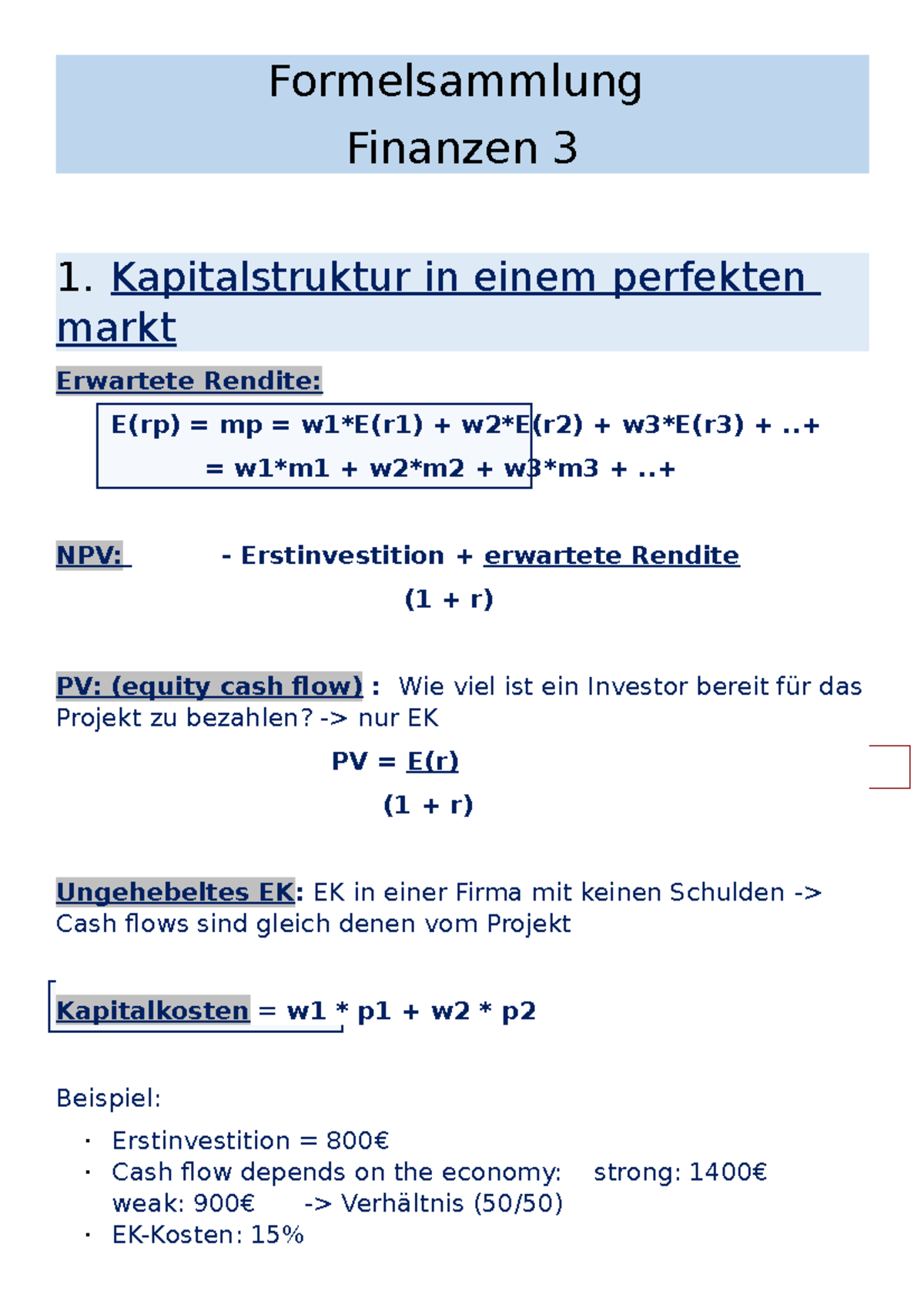Formelsammlung Finanzen 3 - Kapitalstruktur in einem perfekten markt ...