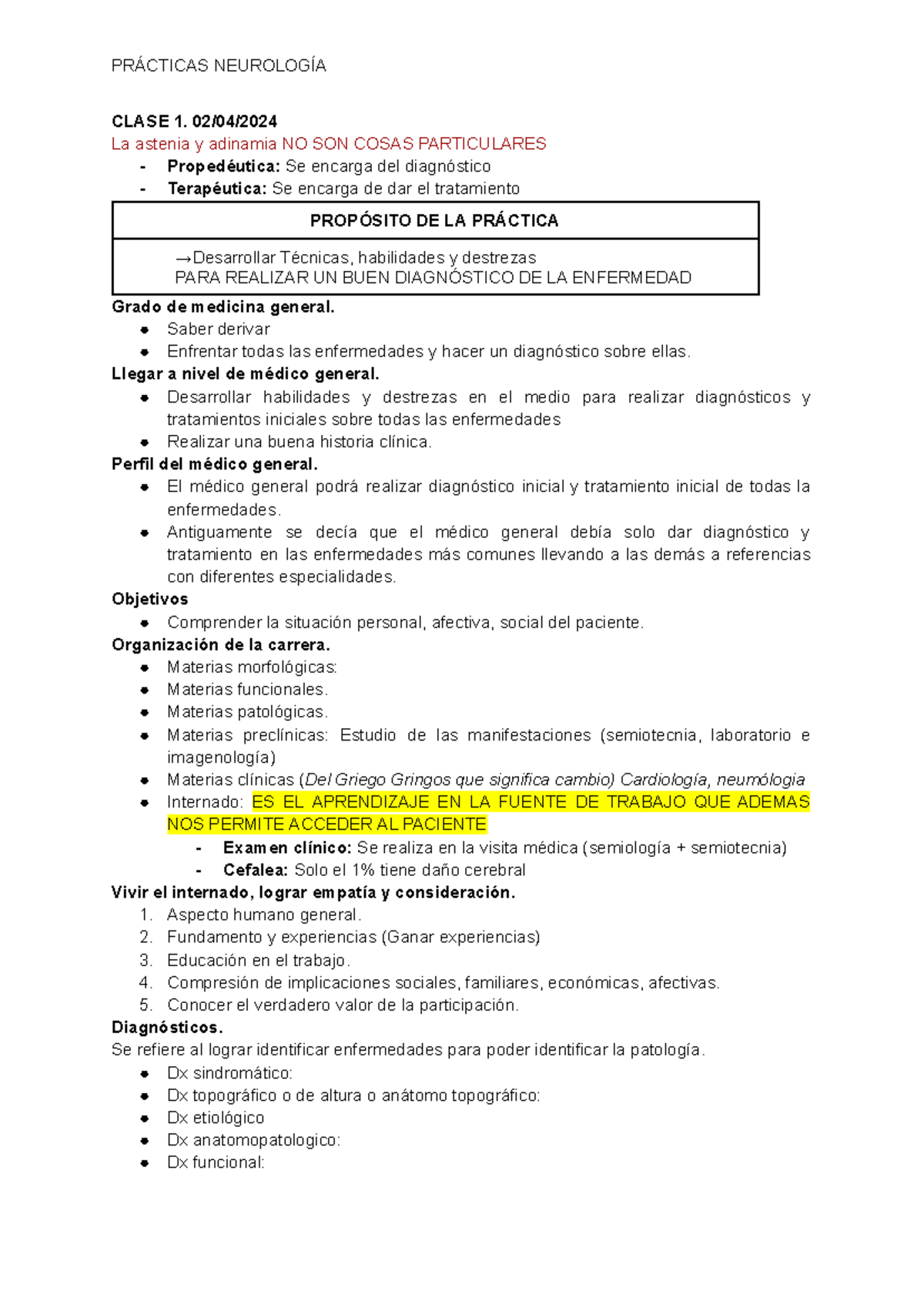 Practicas Neuro - CLASE 1. 02/04/ La astenia y adinamia NO SON COSAS ...