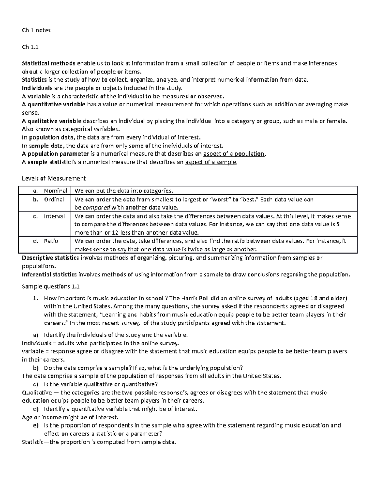 Ch 1 notes - intro to stat - Ch 1 notes Ch 1. Statistical methods ...