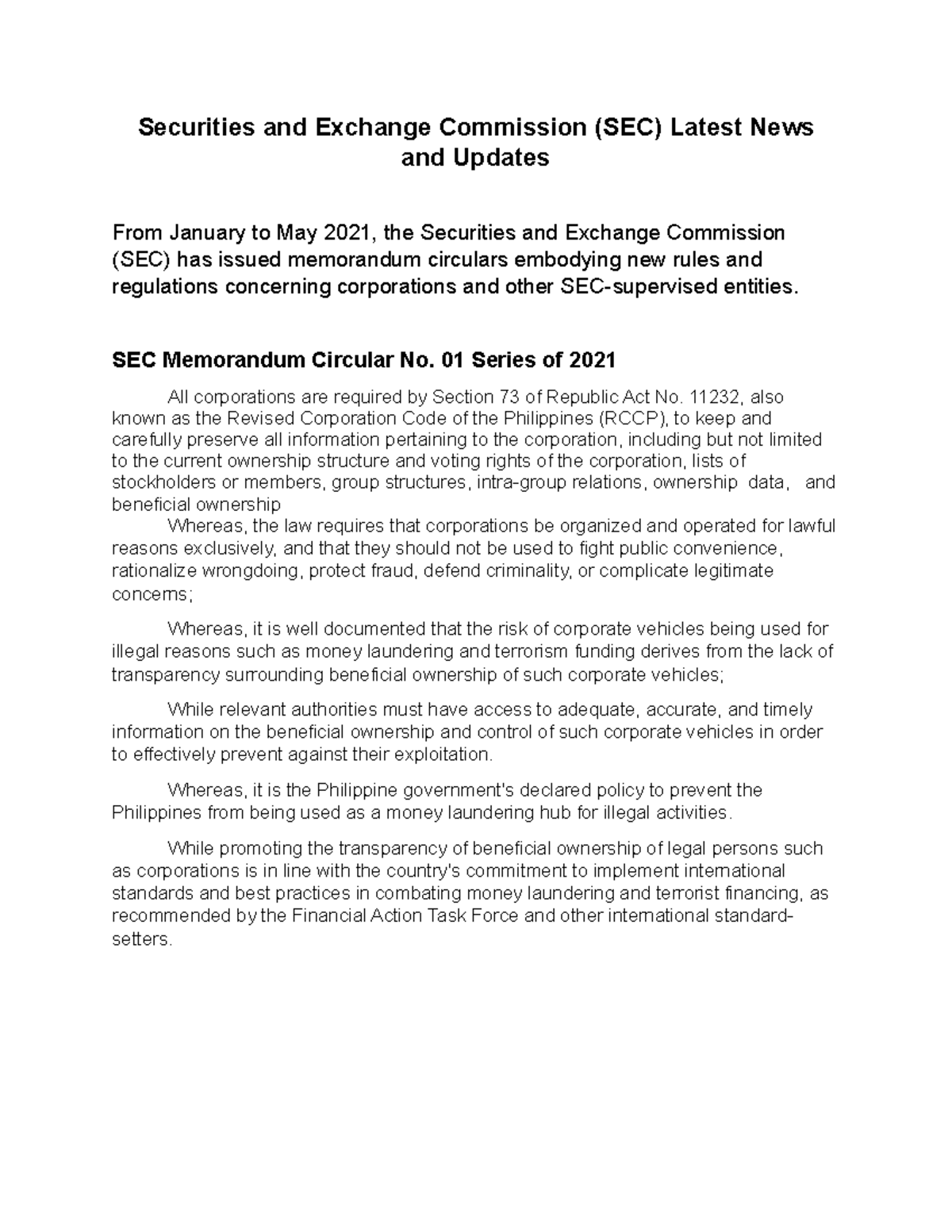 Securities and Exchange Commission - SEC Memorandum Circular No. 01 Series of 2021 All ...