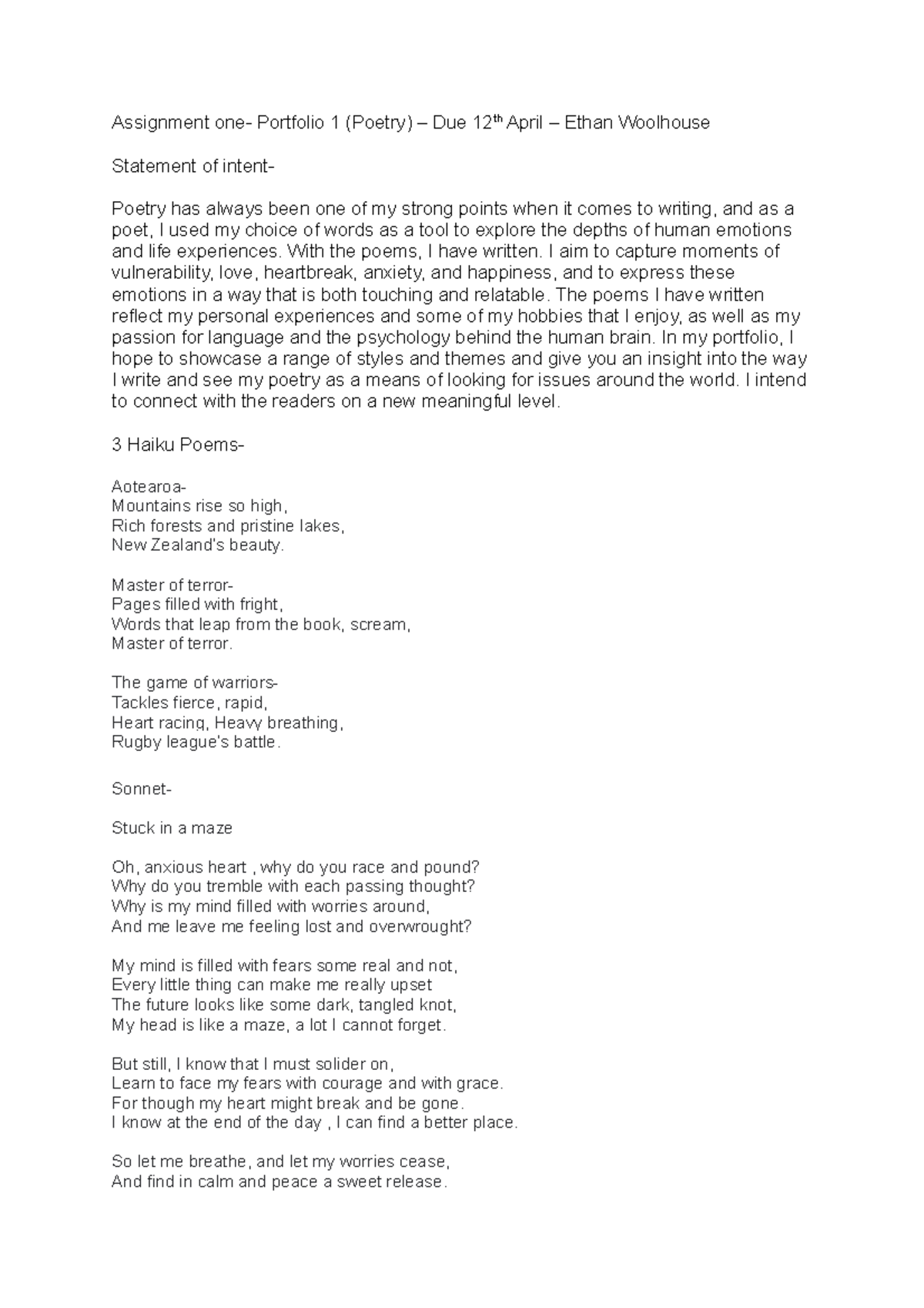 Assignment one- Portfolio one- With the poems, I have written. I aim to ...