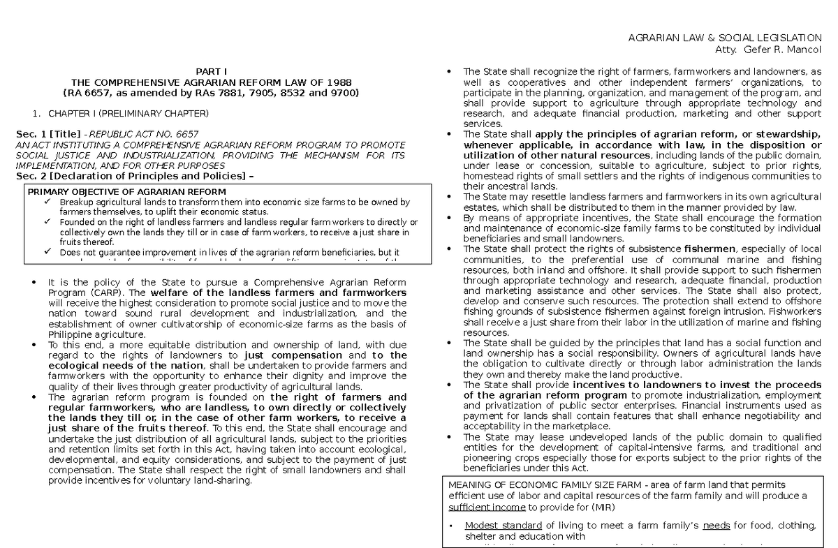 AGRA Reviewer - Atty. Gefer R. Mancol PART I THE COMPREHENSIVE AGRARIAN ...