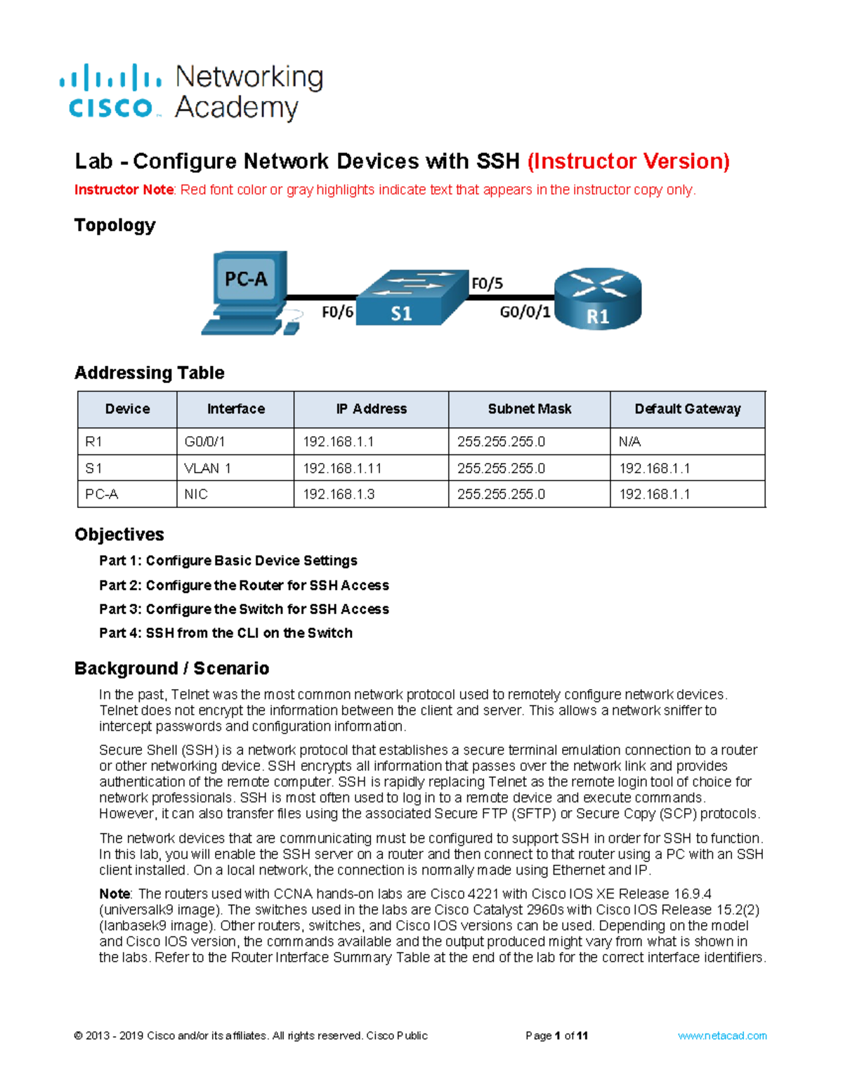 Configure Network Devices with SSH - Topology Addressing Table Device Interface IP Address ...