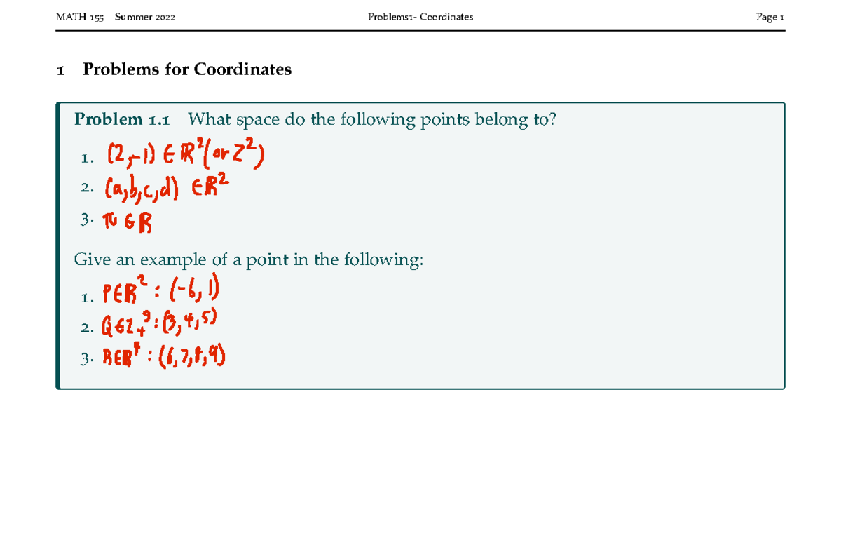 Problems 1-Coordinates - 1 Problems for Coordinates Problem 1. 1 What ...
