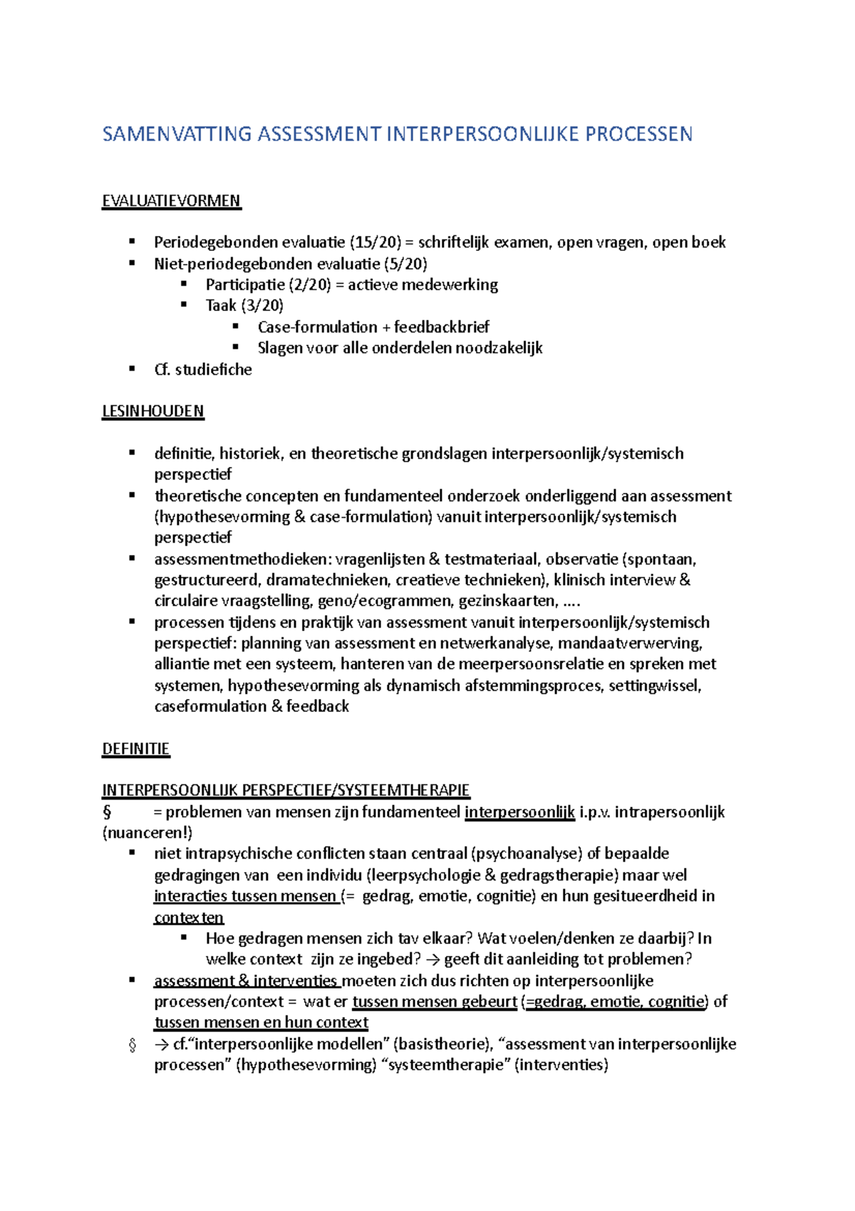 SV ASS AIP deel 1 - SV deel 1 AIP - SAMENVATTING ASSESSMENT INTERPERSOONLIJKE PROCESSEN - Studocu