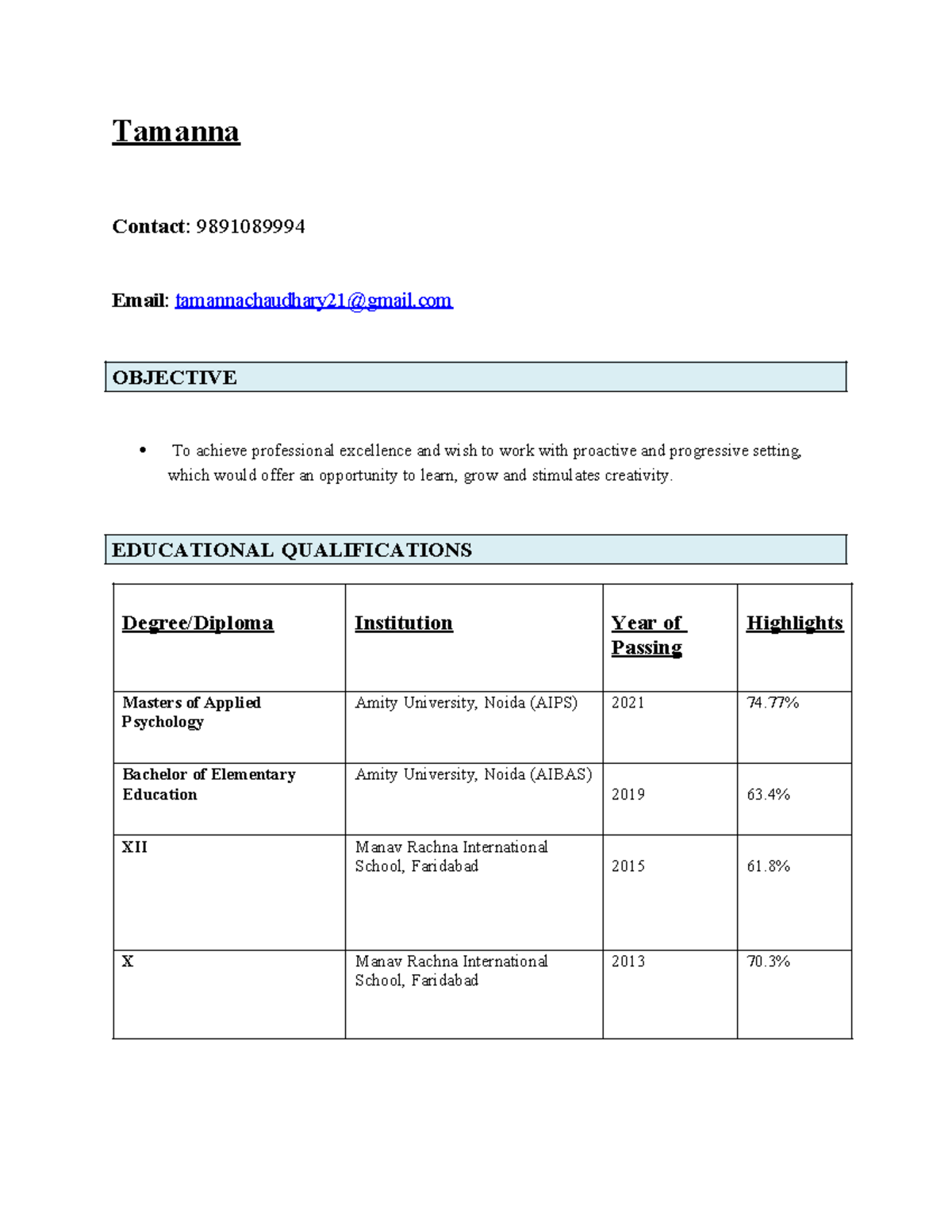 Tamanna CV word - sdsdsd - Tamanna Contact: 9891089994 Email ...