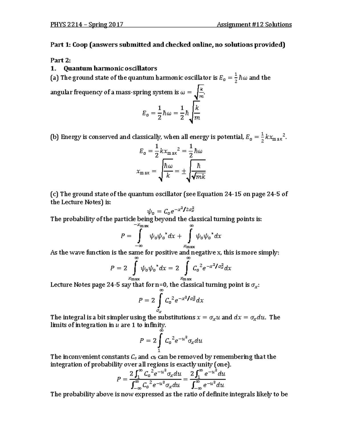 Assignment 12 solutions - Part 1: Coop (answers submitted and checked online, no solutions ...