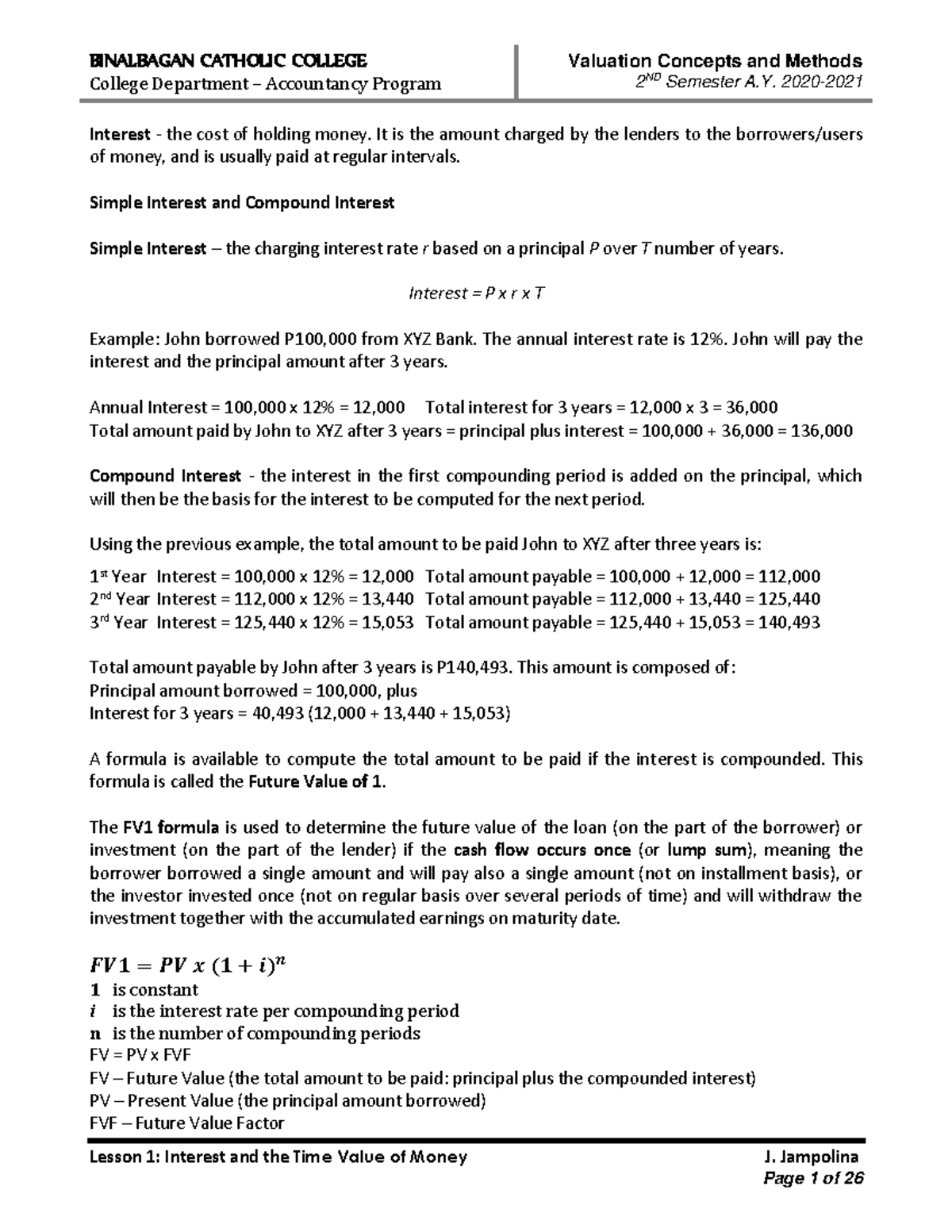 Lesson 1 Interest and the Time Value of Money - College Department ...